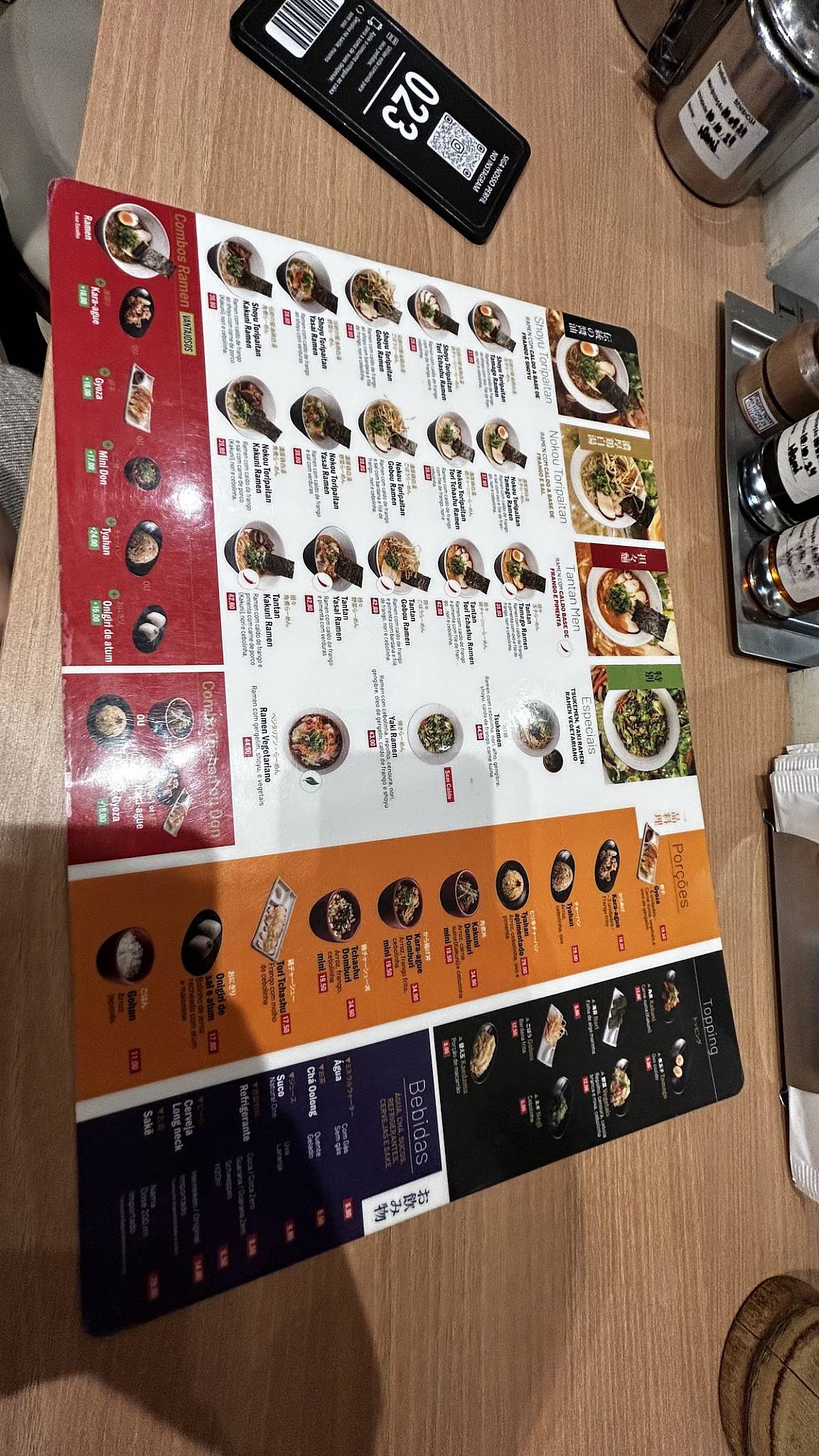 Menu at Torico Ramen restaurant, São Paulo