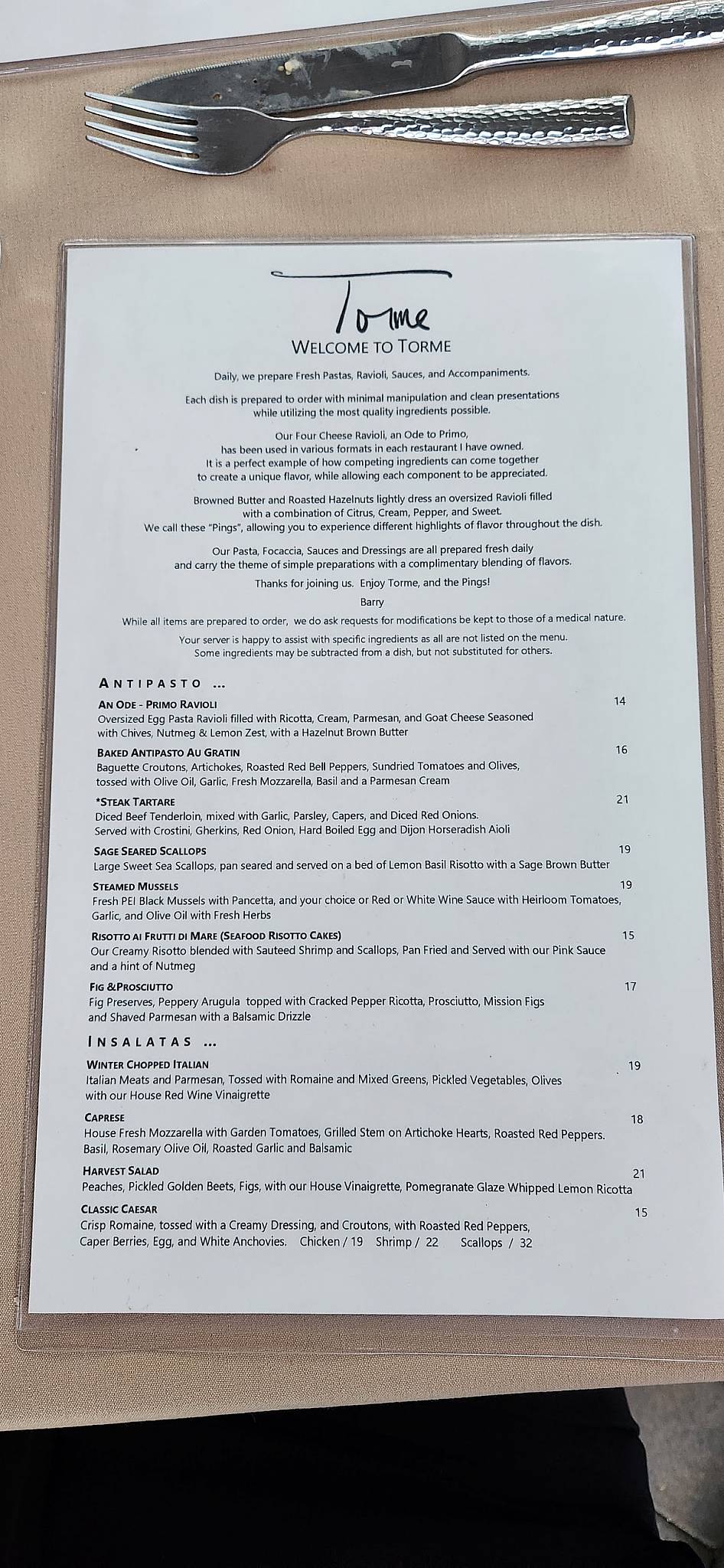 Menu at Torme restaurant, Prescott