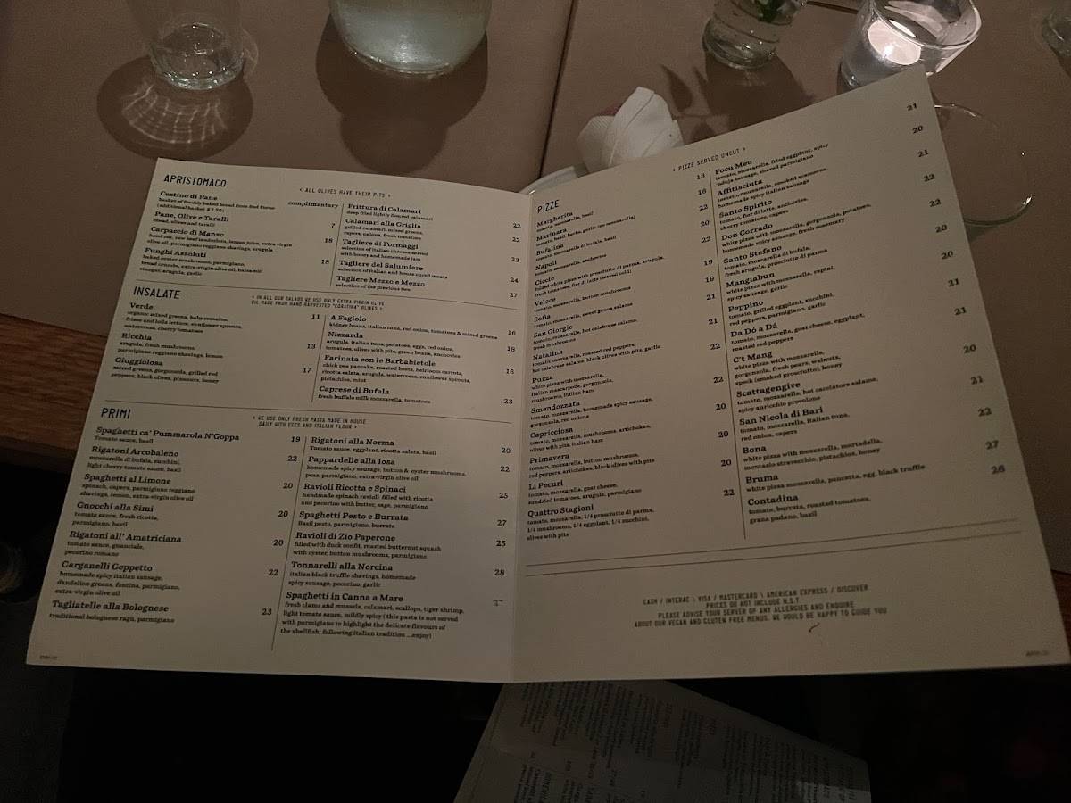 Menu at Terroni restaurant, Toronto, 57 Adelaide St E