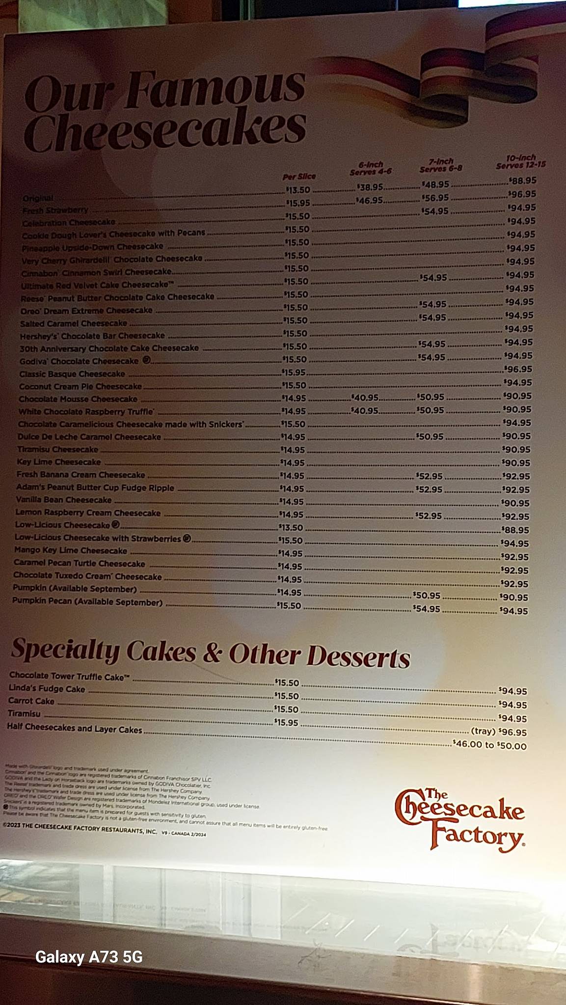 Menu at The Cheesecake Factory desserts, Toronto