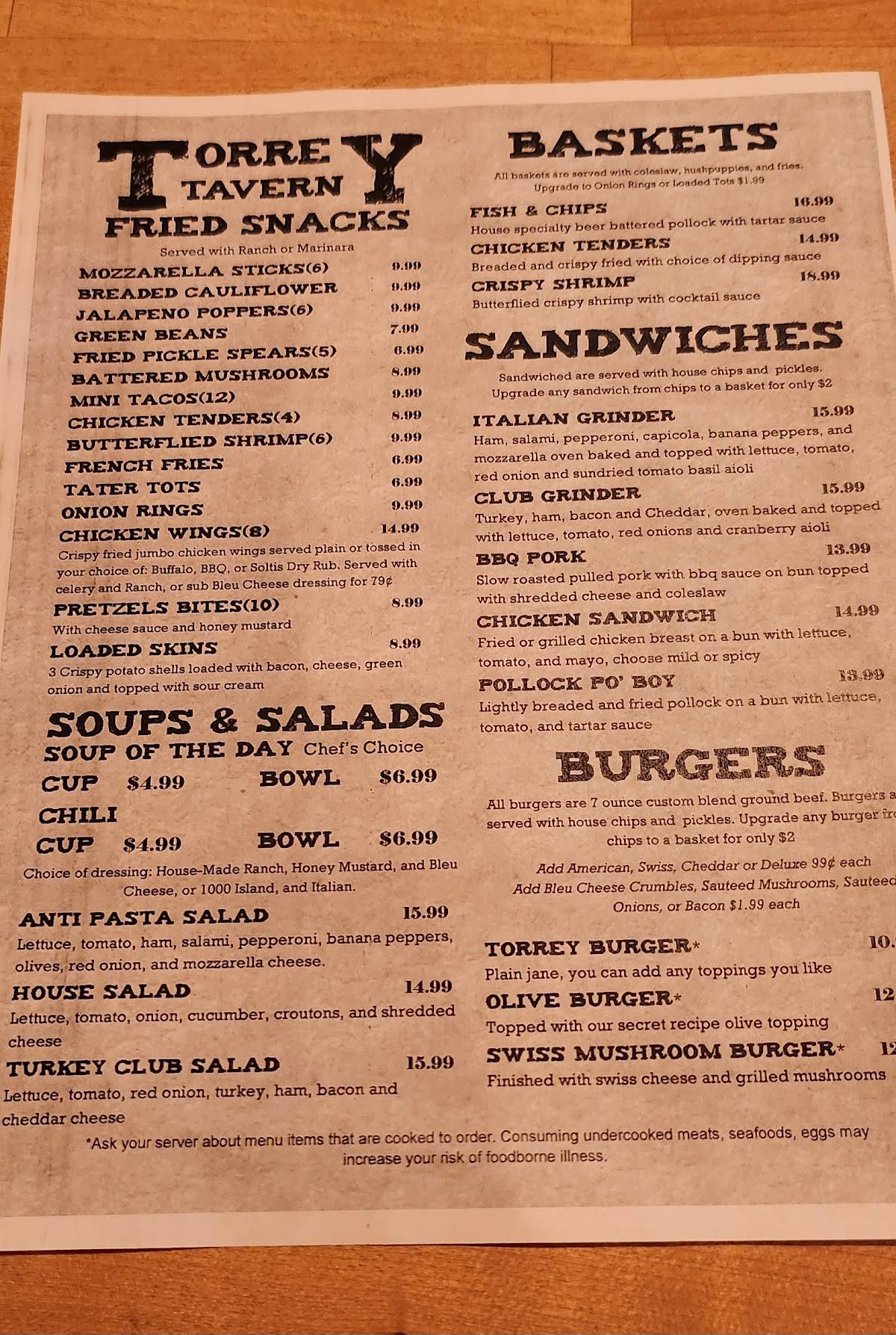 Menu at Torrey Tavern pub & bar, Wolverine