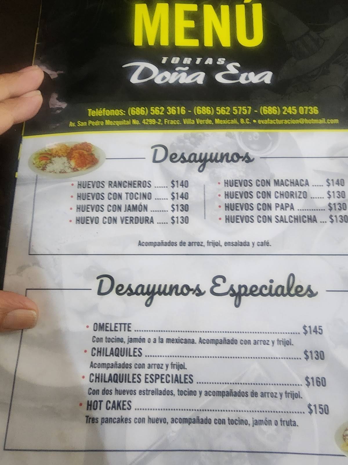 Menu at Tortas Doña Eva restaurant, Mexicali, Av. San Pedro Mezquital 4225