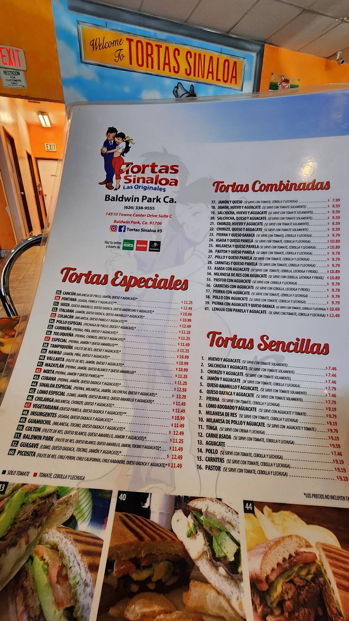 Menu at Tortas Sinaloa restaurant, Baldwin Park