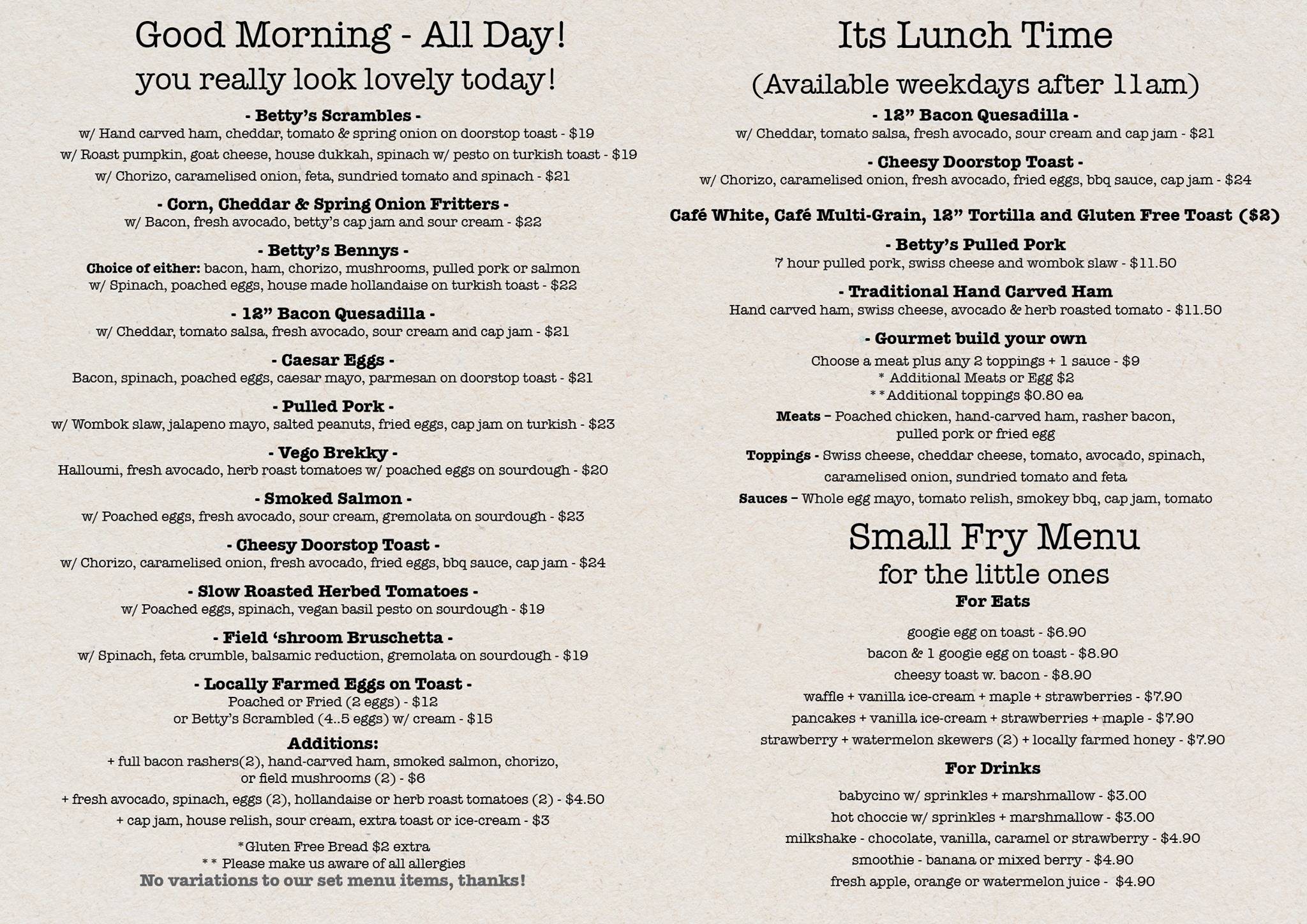 Menu at Betty Blue & The Lemon Tart restaurant, Townsville, 95 Denham St