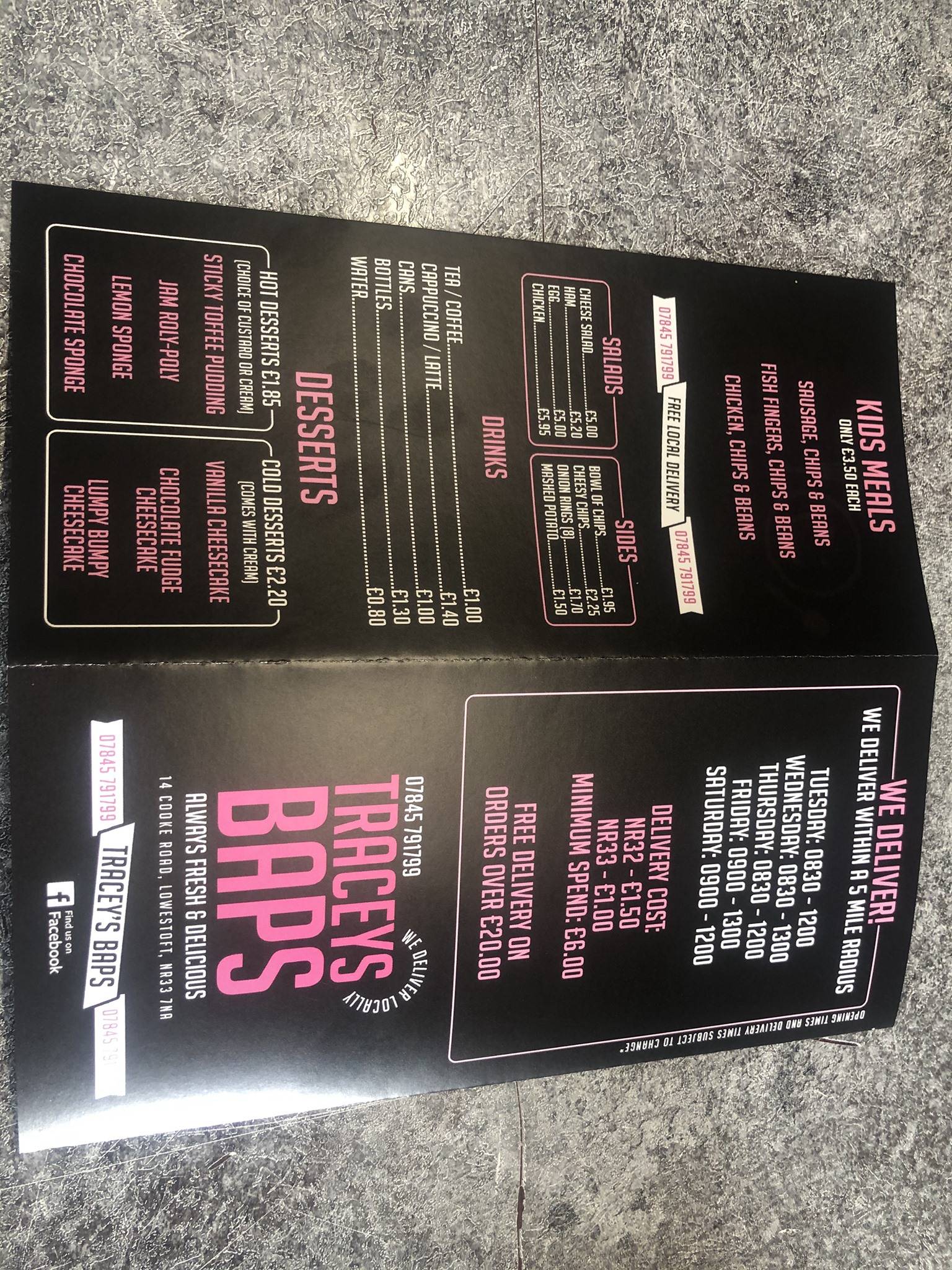 Menu at Tracey's Baps cafe, Lowestoft