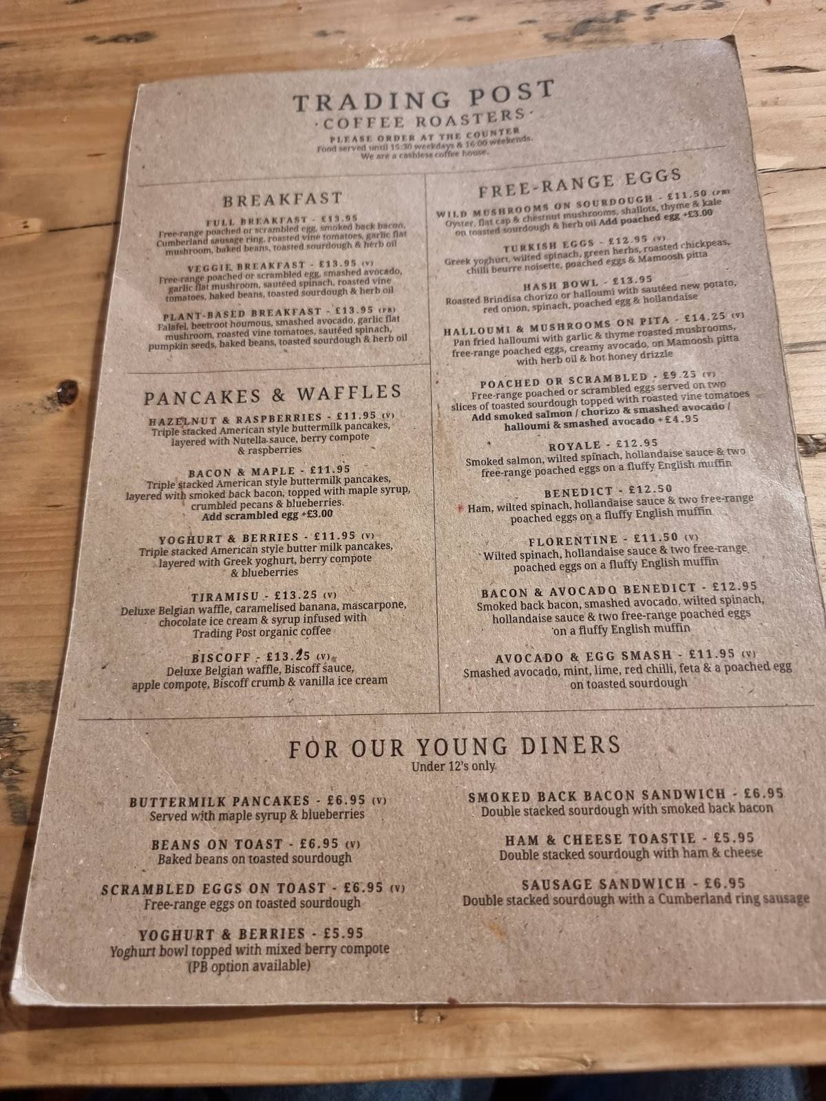 Menu at Trading Post Coffee Roasters cafe, Horsham