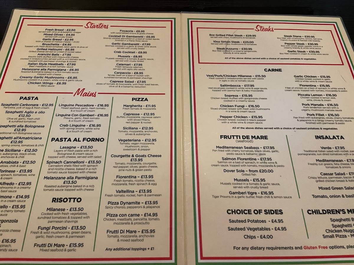 Menu at Trattoria Capri restaurant, Plymouth