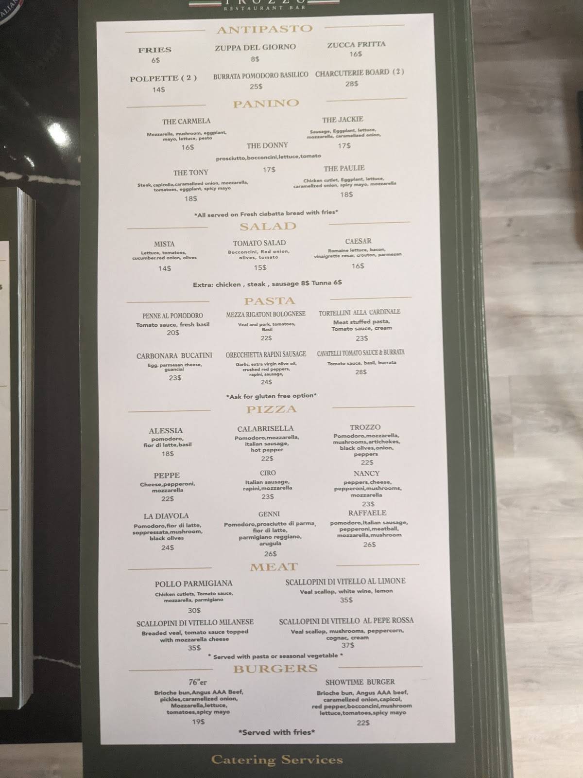 Menu au Trattoria Trozzo Restaurant Bar, Montréal