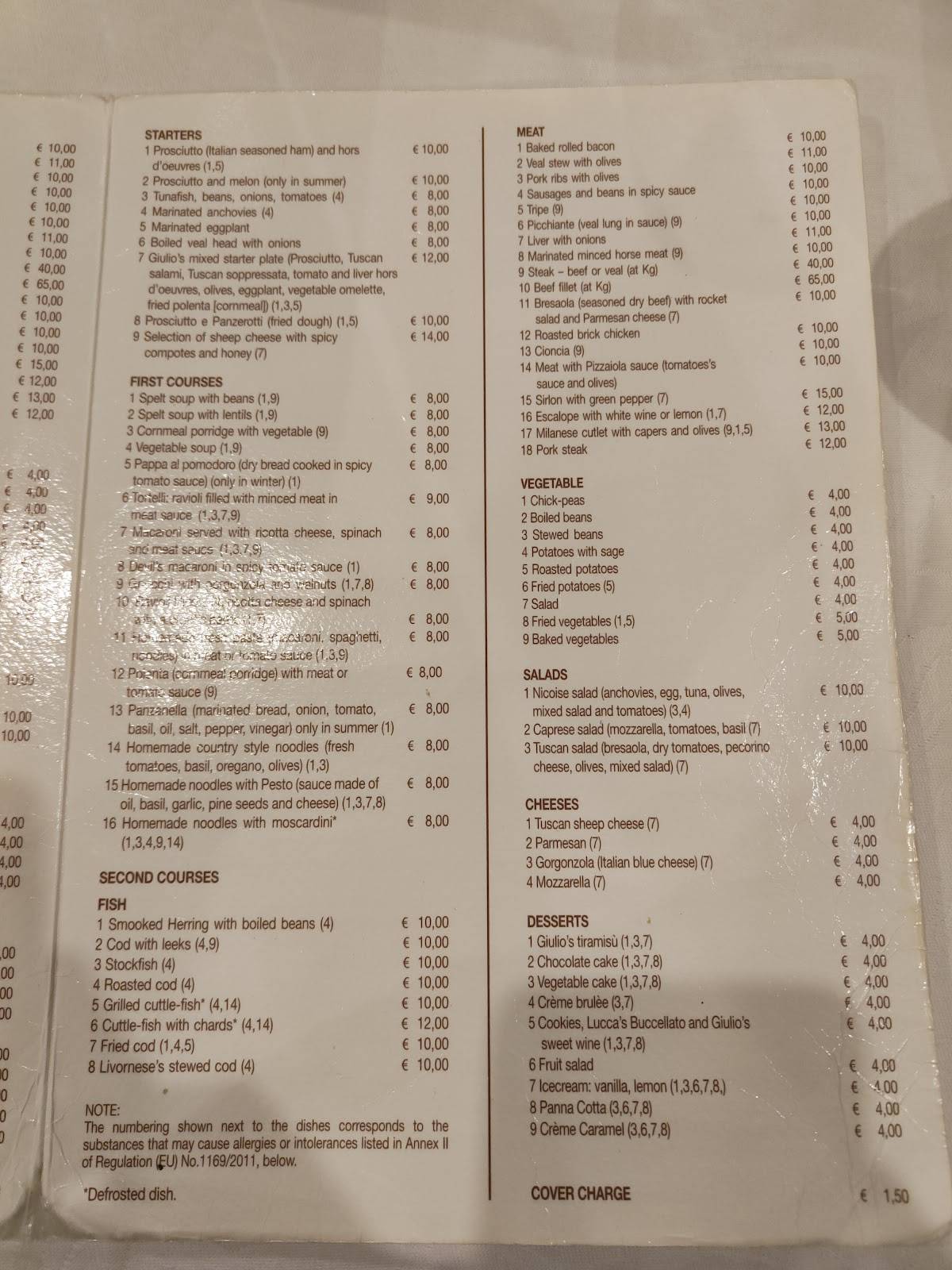 Menu da Trattoria da Giulio ristorante, Lucca, Via delle Conce