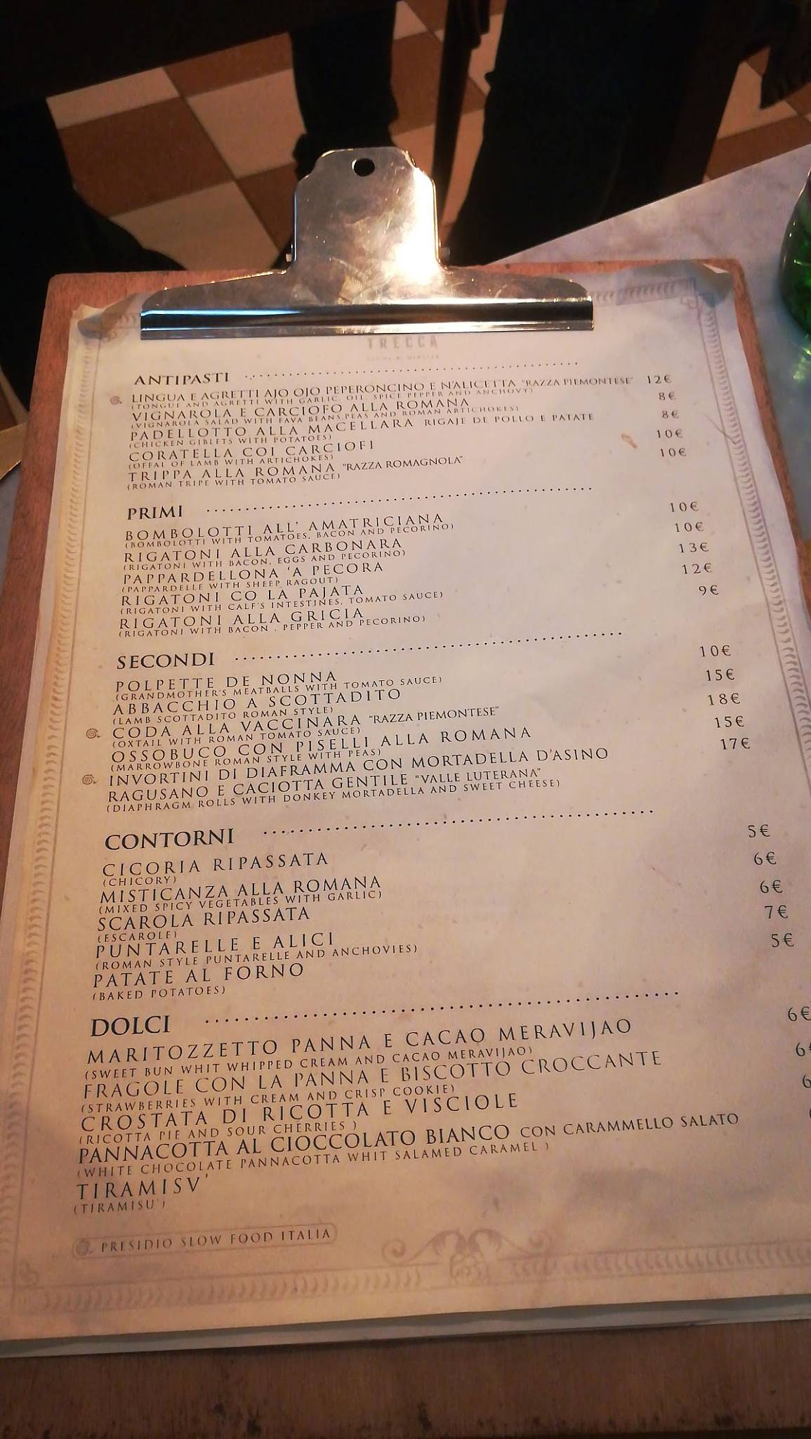 Menu at Trecca - Roma restaurant, Rome