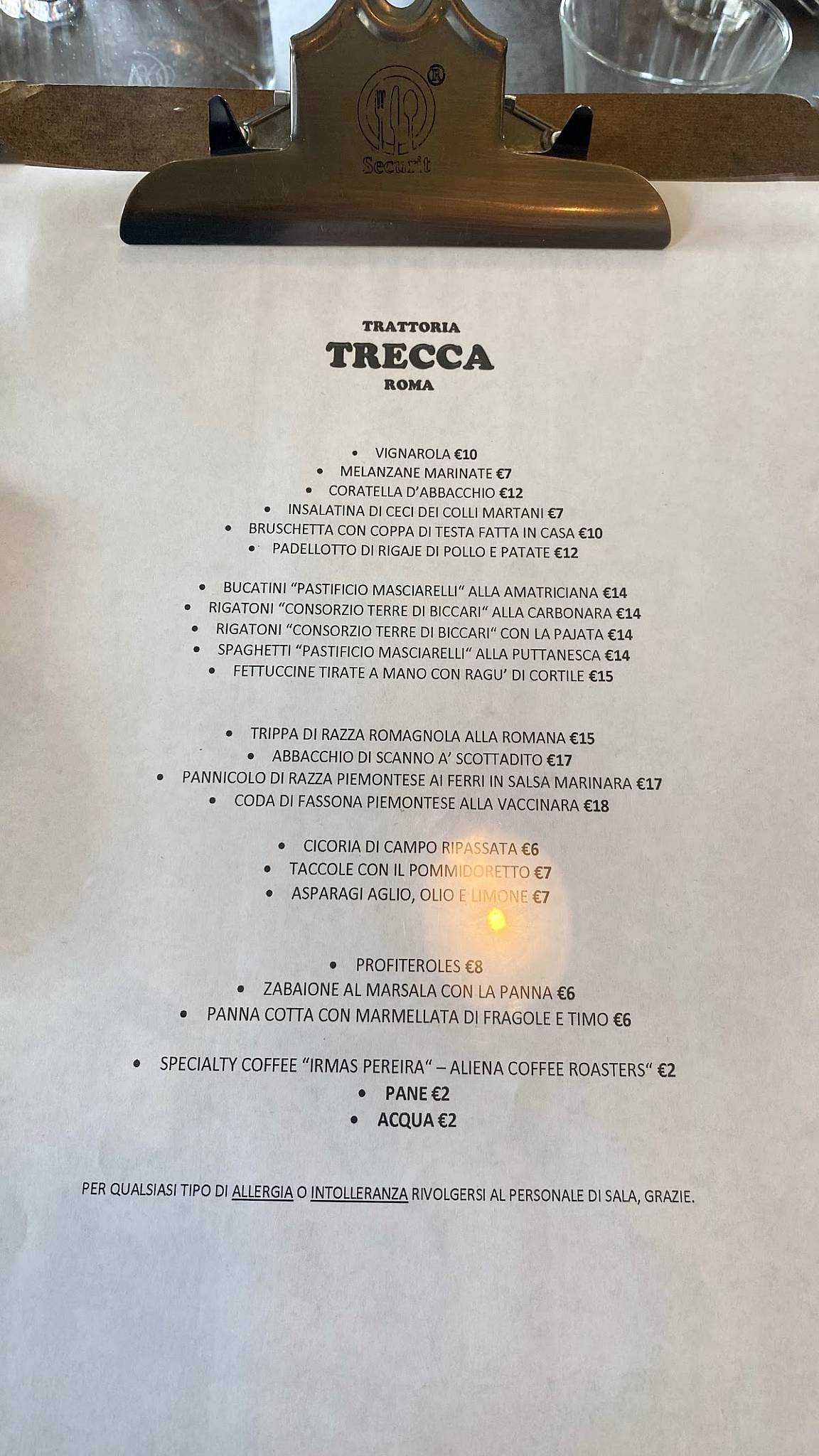 Menu at Trecca - Roma restaurant, Rome
