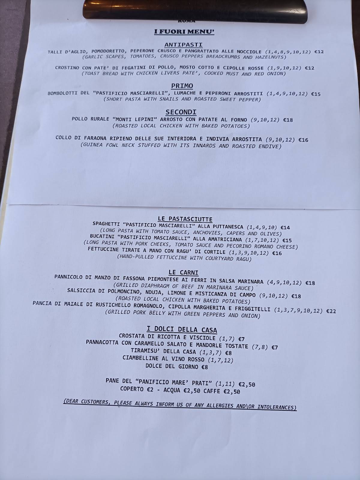 Menu at Trecca - Roma restaurant, Rome