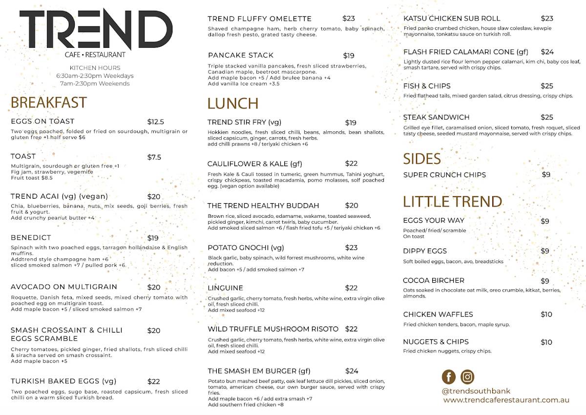Menu at Trend Cafe and Restaurant, Southbank