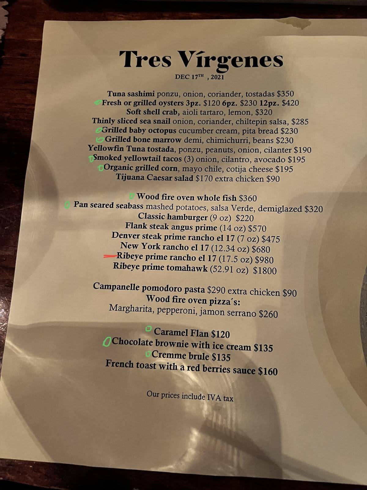 Menu at Tres Virgenes restaurant, La Paz