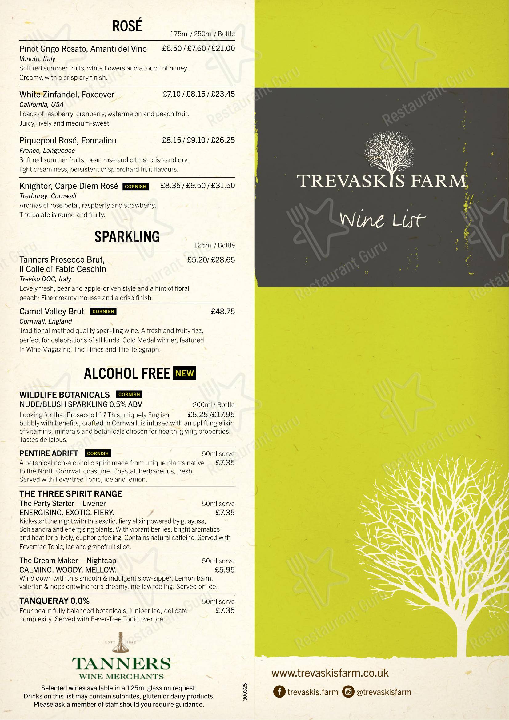 Menu at Trevaskis Farm restaurant, Gwinear-Gwithian