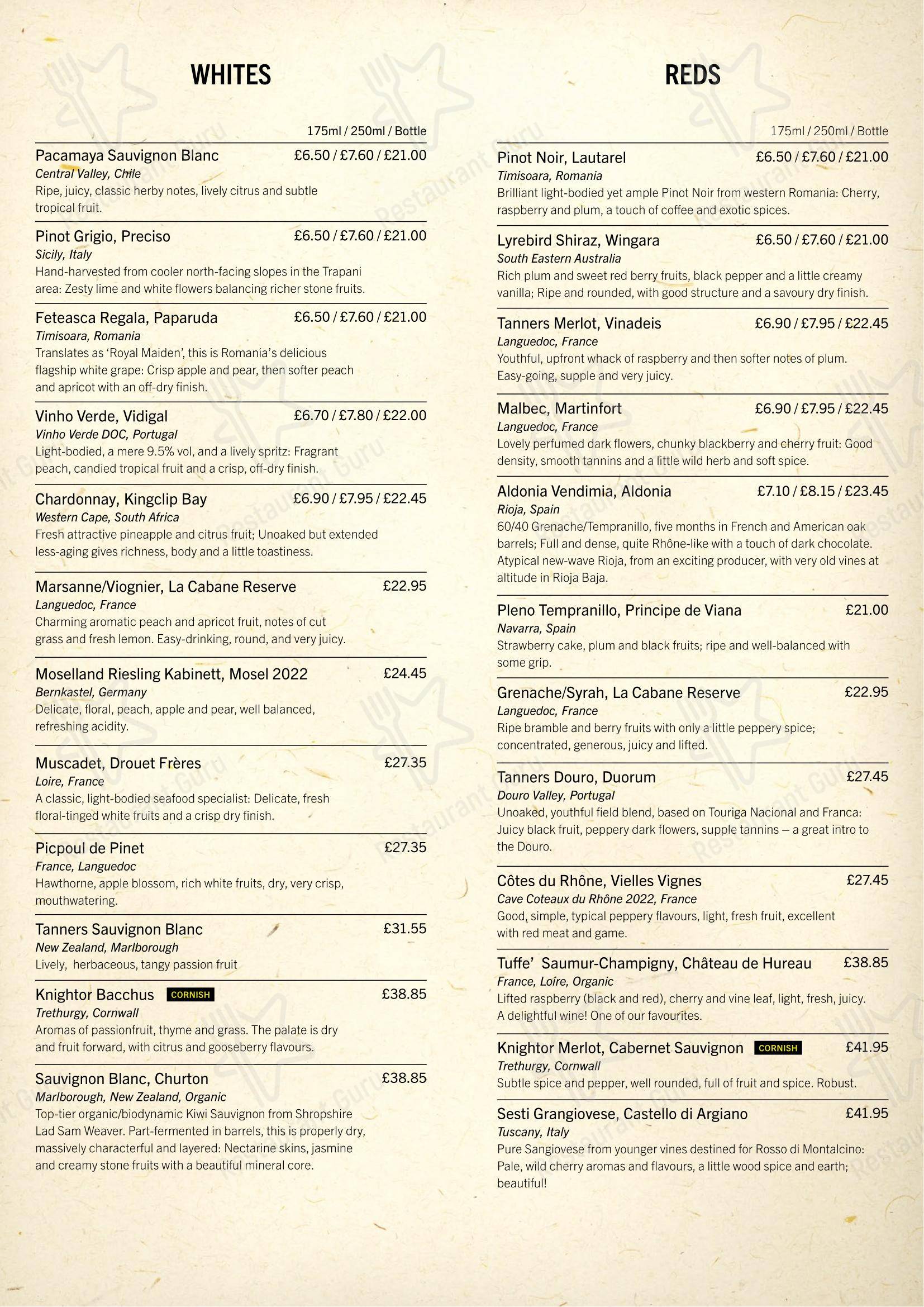 Menu at Trevaskis Farm restaurant, Gwinear-Gwithian