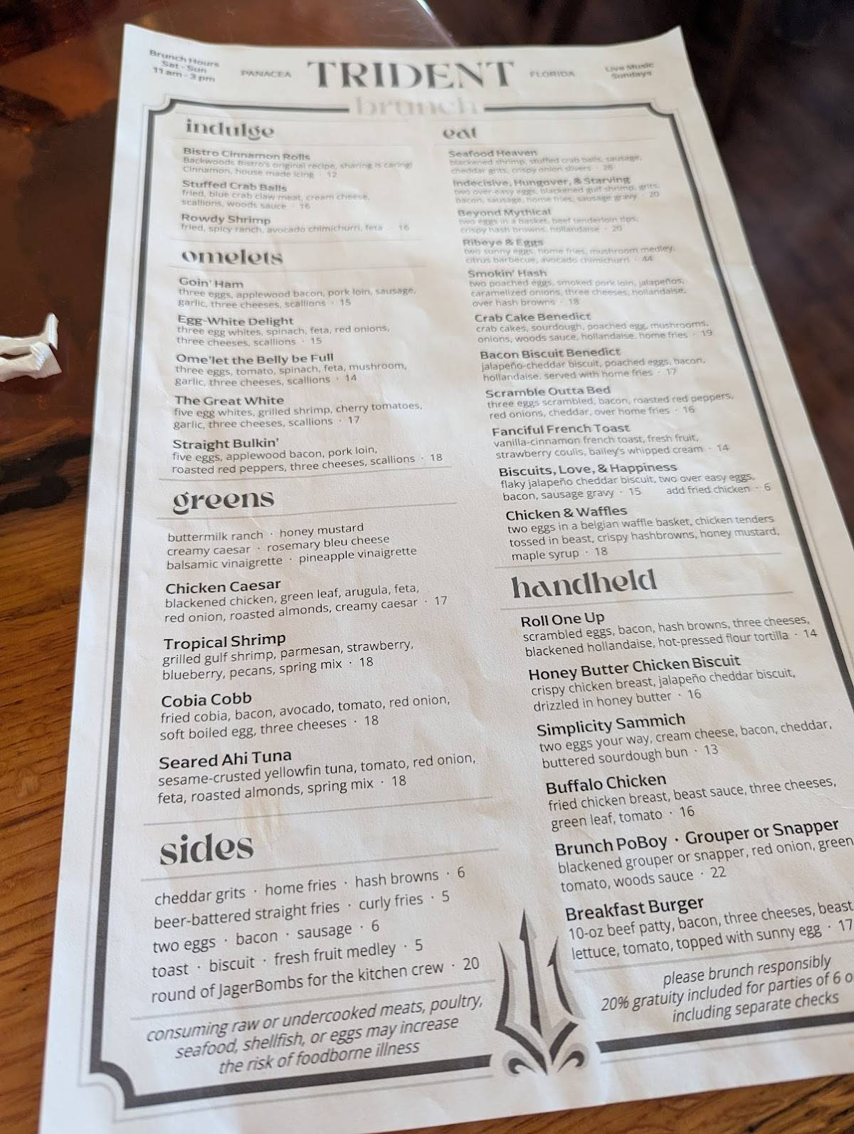 Menu at Trident restaurant, Panacea