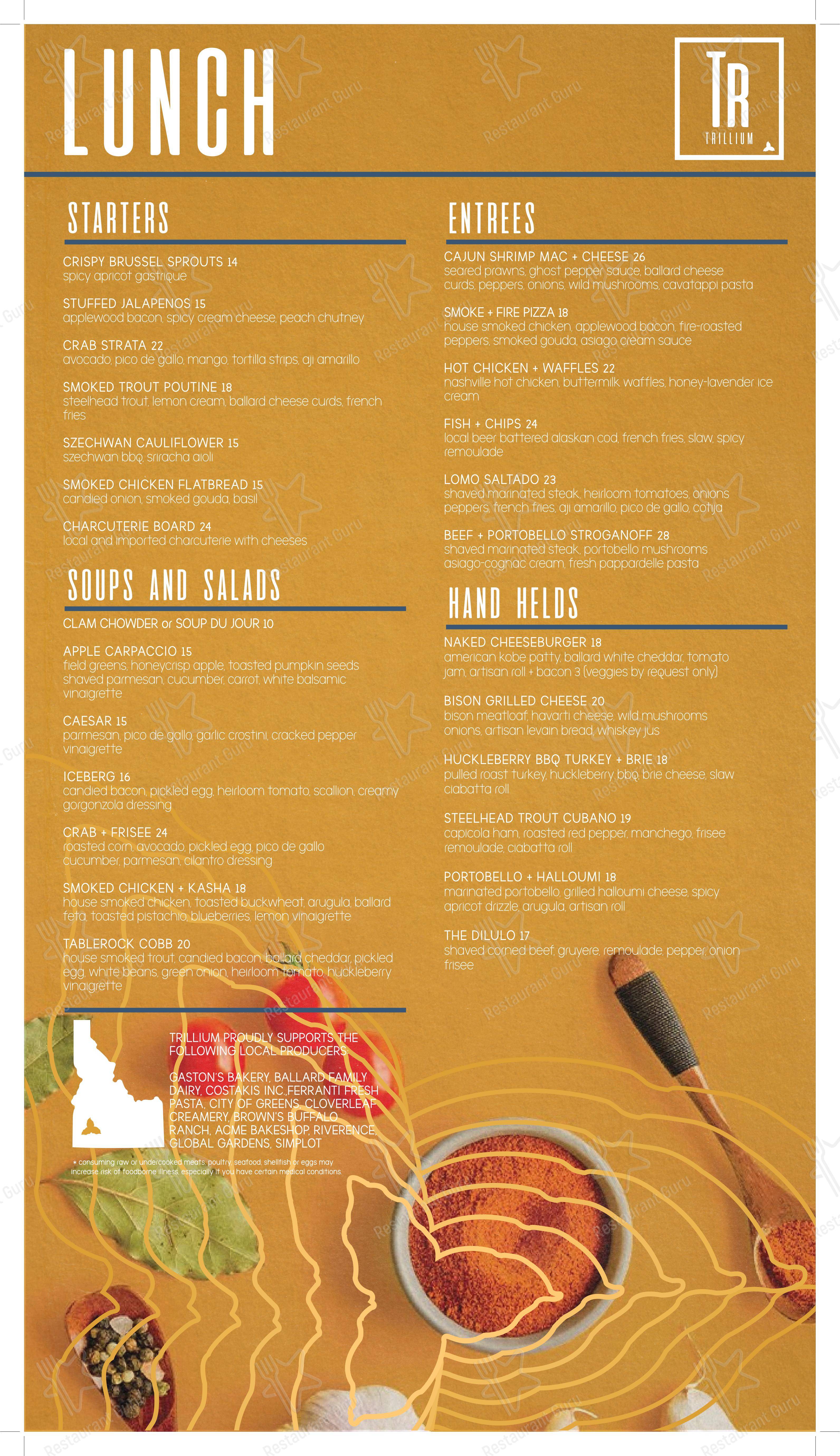 Menu at Trillium Kitchen + Cocktails restaurant, Boise