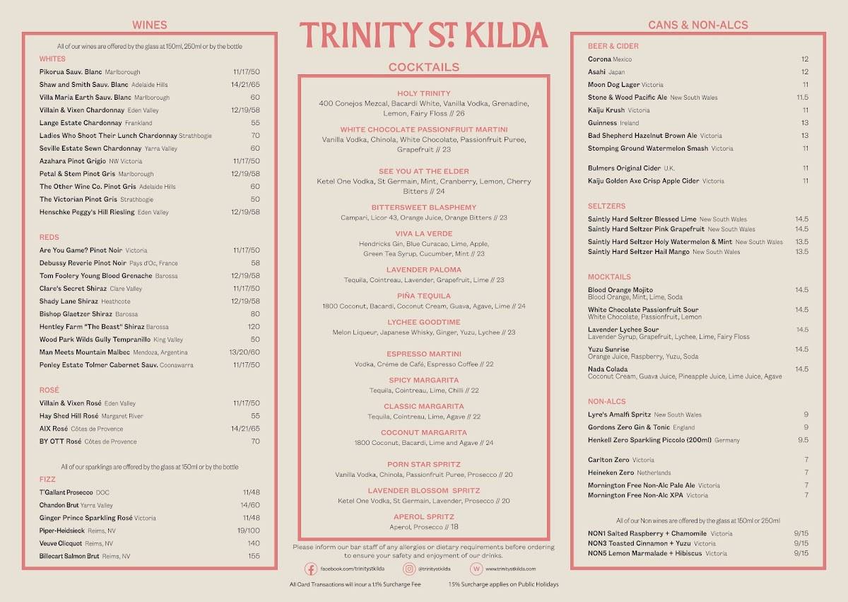 Menu at Trinity St Kilda pub & bar, Saint Kilda