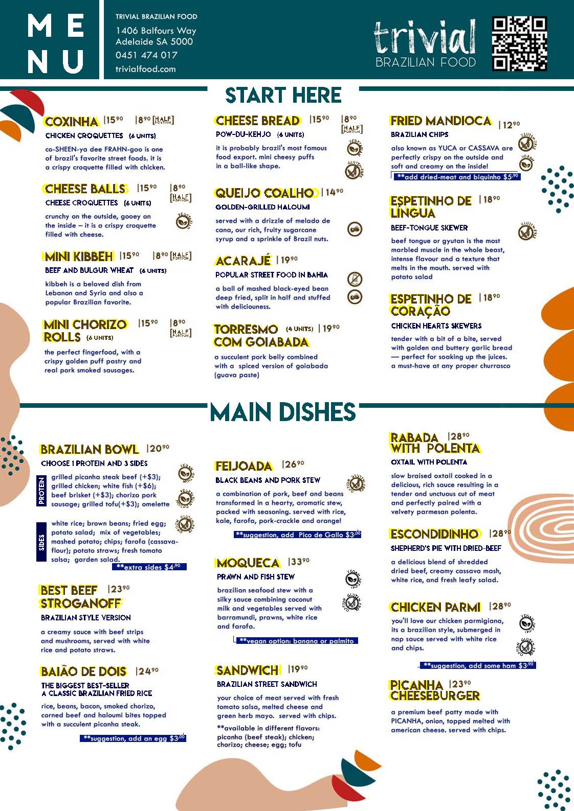Menu at Trivial Brazilian Food restaurant, Adelaide
