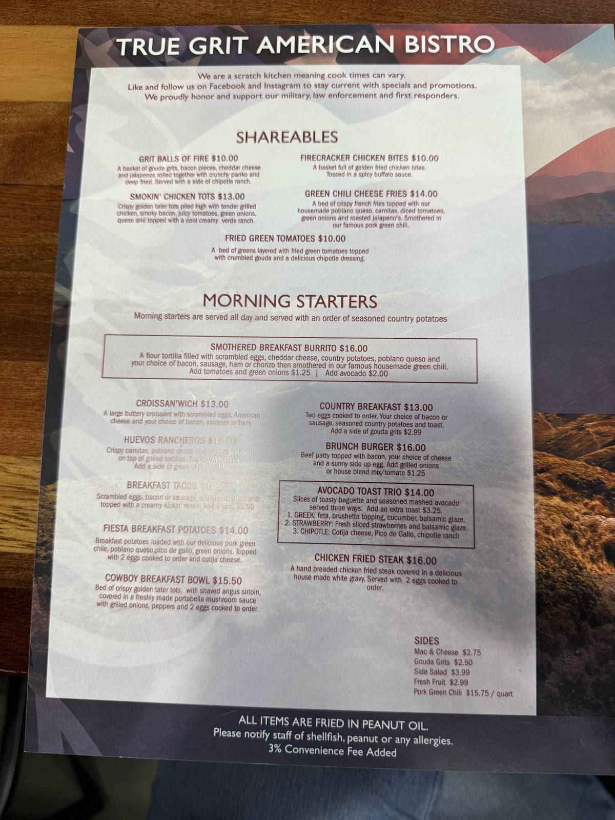Menu at True Grit American Bistro restaurant, Pensacola