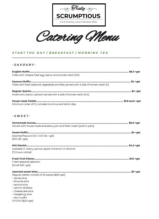 Menu at Truly Scrumptious cafe, Mentone