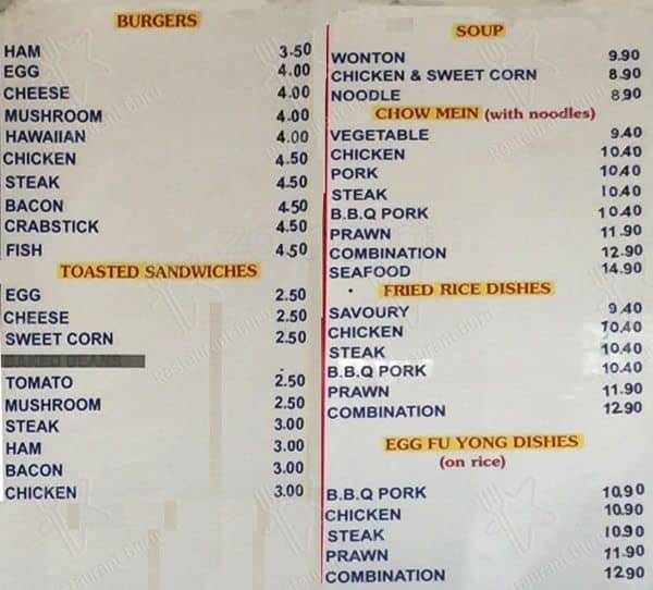 Menu at Tuakau Takeaways restaurant, Tuakau