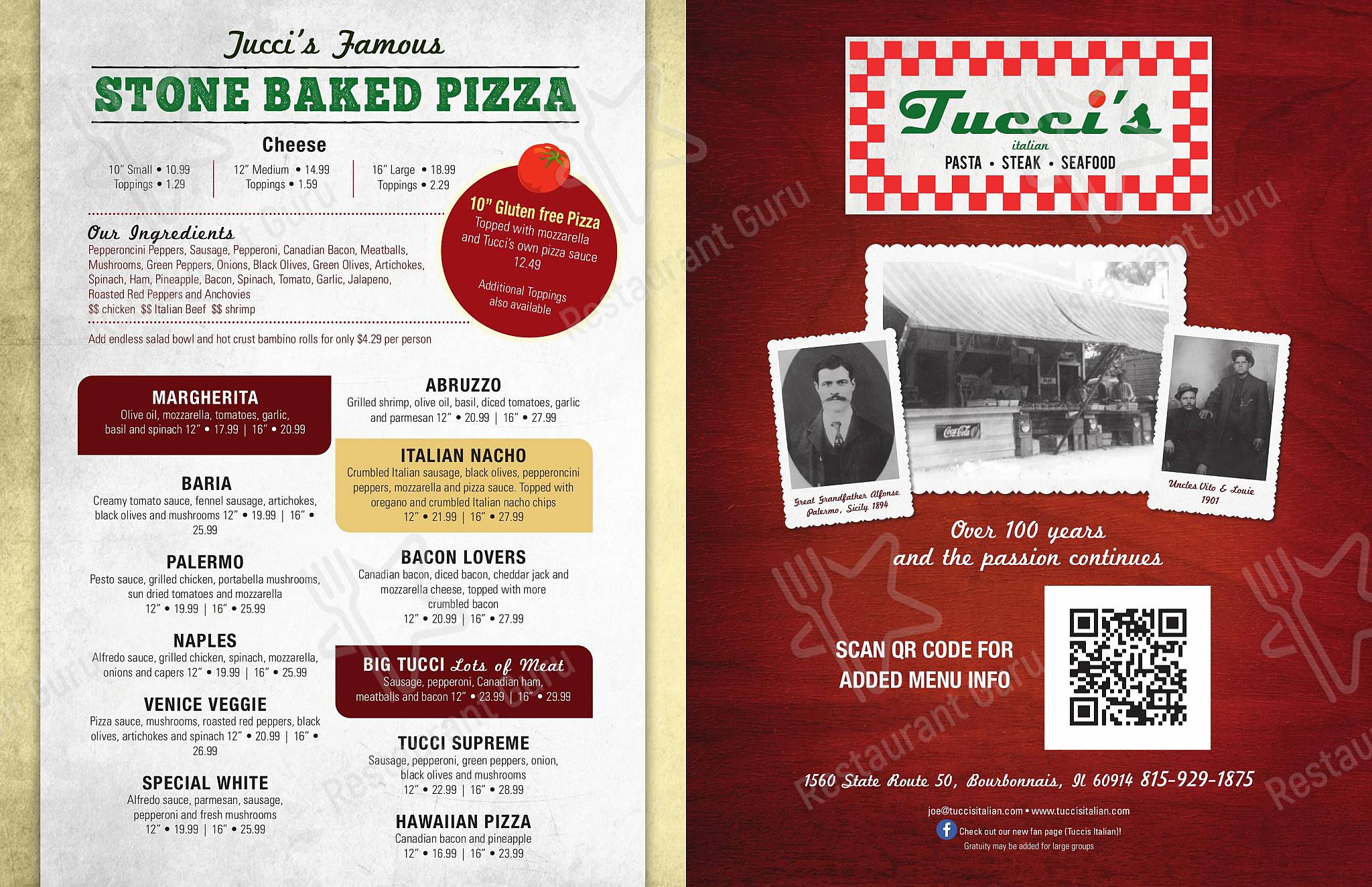 Menu at Tucci's Italian restaurant, Bourbonnais