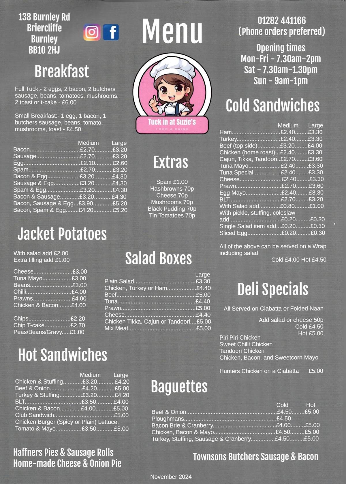 Menu at Tuck In At Suzie’s, Burnley
