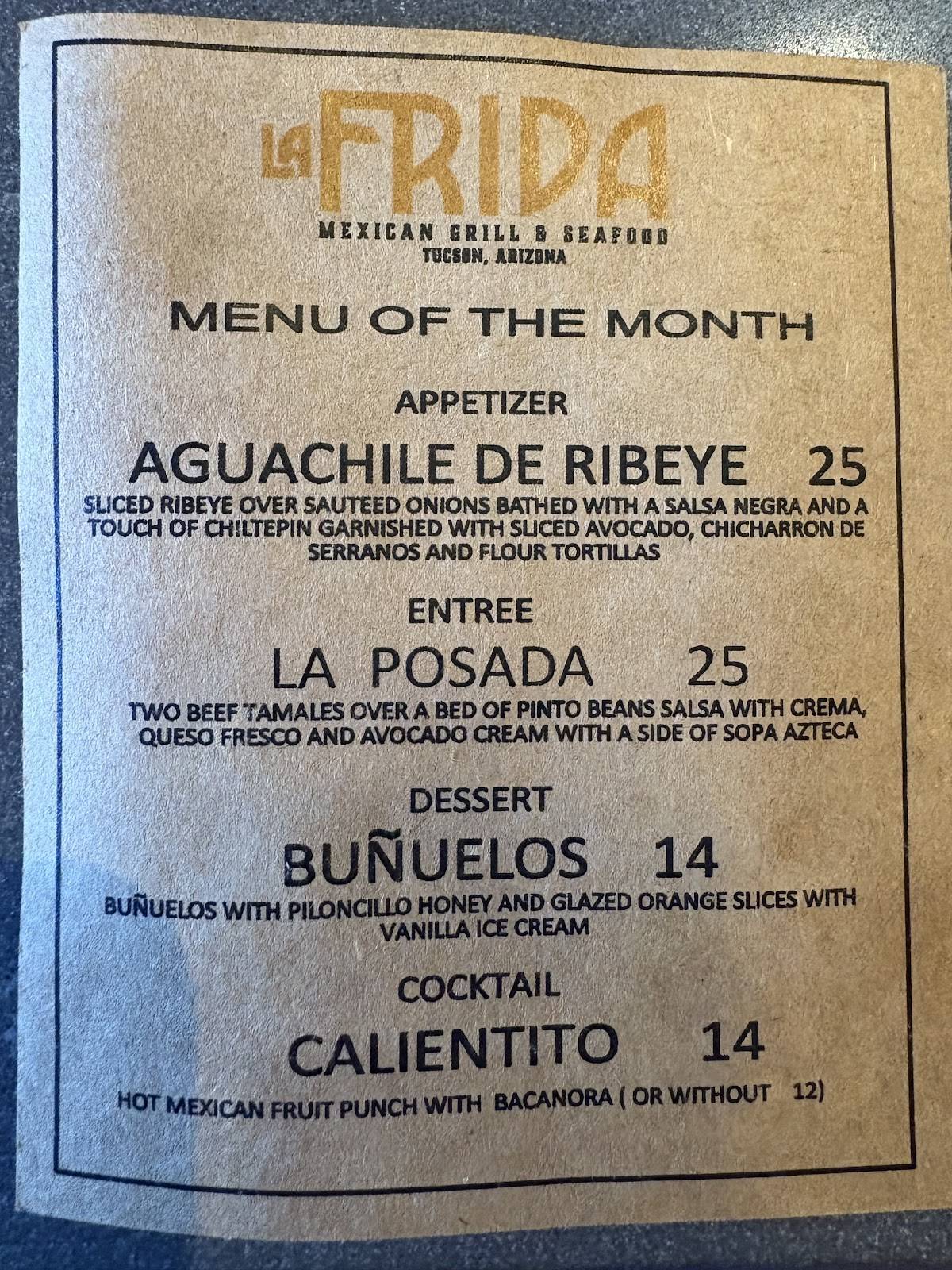 Menu at La Frida Mexican Grill & Seafood pub & bar, Tucson