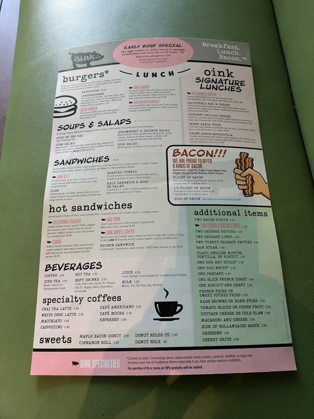 Menu at The Oink Cafe, Tucson