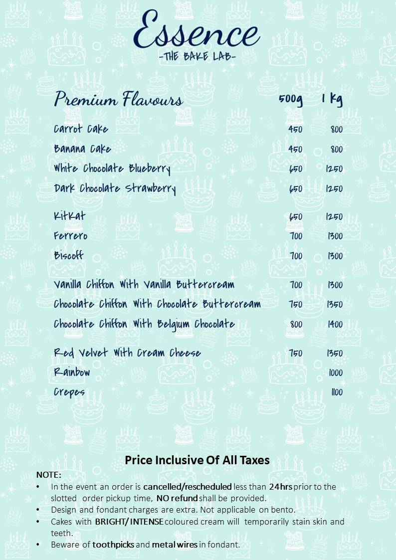 Menu at Essence - The Bake Lab, Tumakuru
