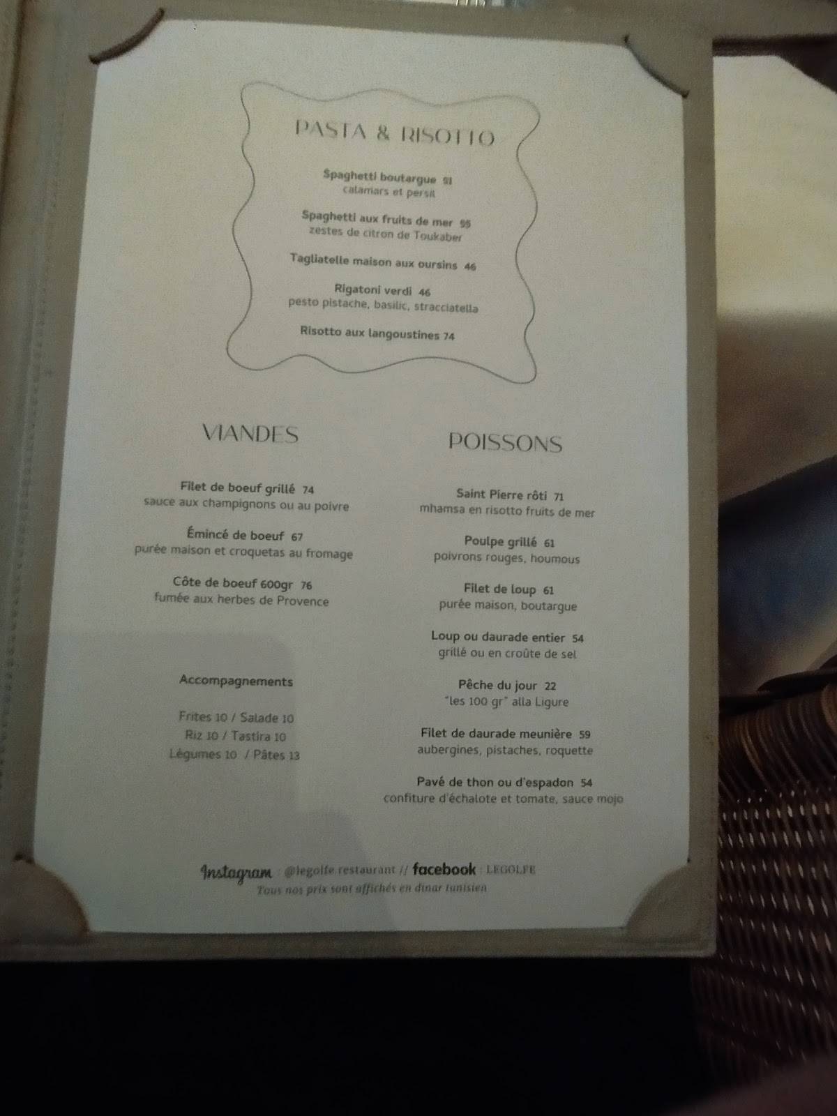 Menu au Le Golfe restaurant, Tunis