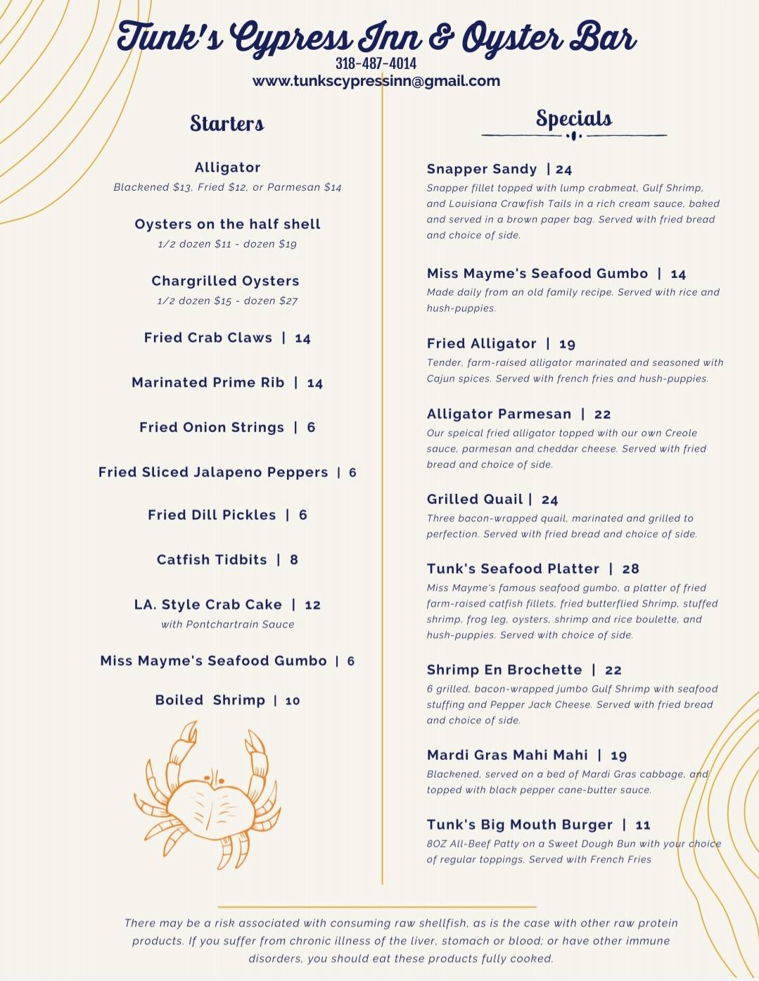 Menu at Tunk's Cypress Inn restaurant, Alexandria, LA-28