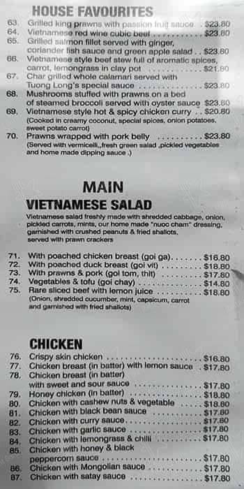 Menu at Tuong Long Vietnamese restaurant, Surrey Hills