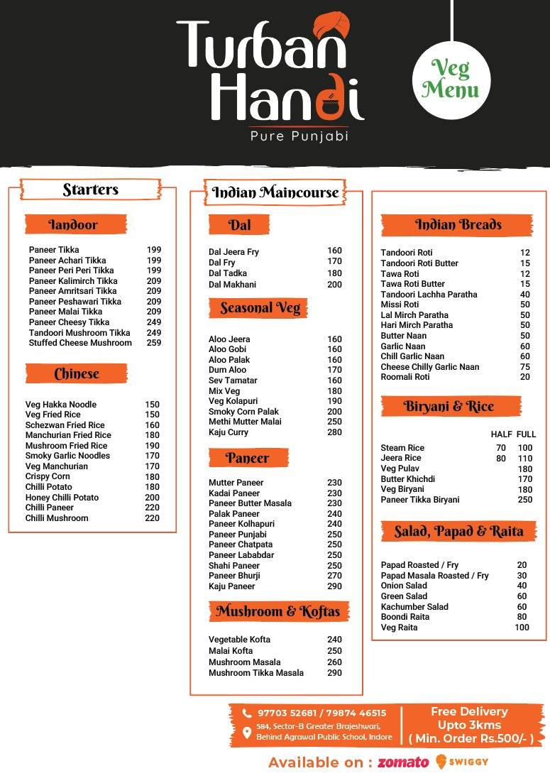 Menu at Turban handi, Indore