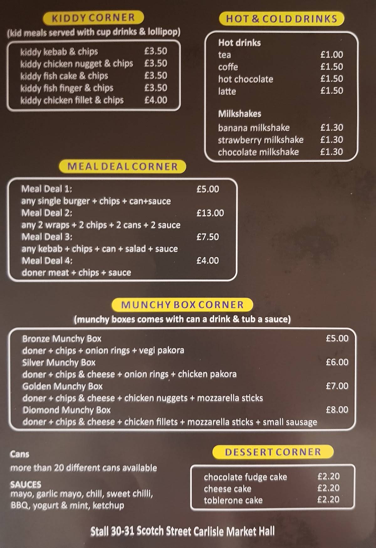 Menu at Turkish Kebab Corner restaurant, Carlisle