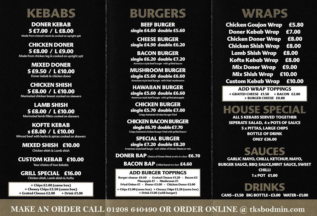 Menu at Turquoise Kebab Shop fast food, Bodmin