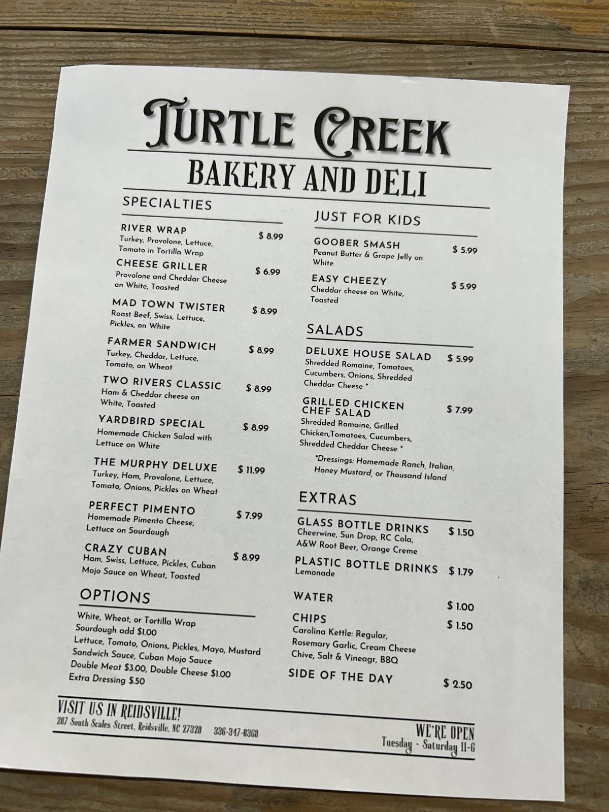 Menu at Turtle Creek Bakery and Deli, Reidsville