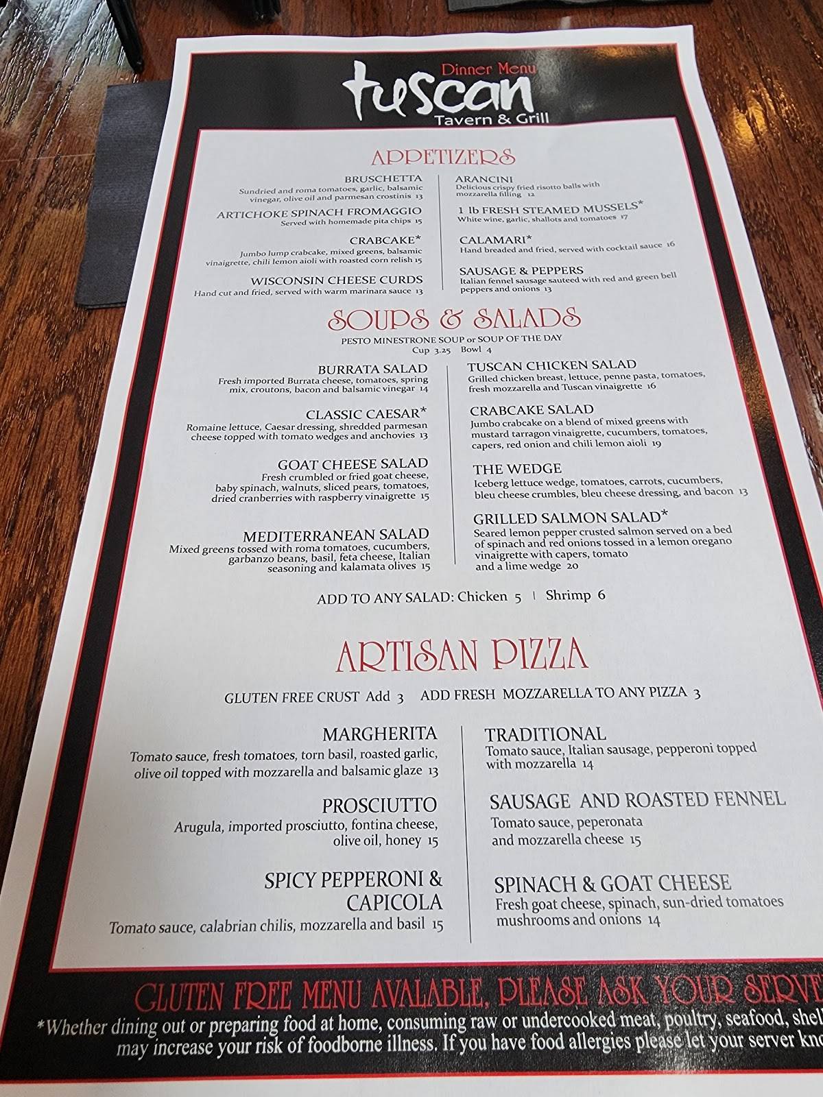 Menu at Tuscan Tavern & Grill steakhouse, Lake Geneva