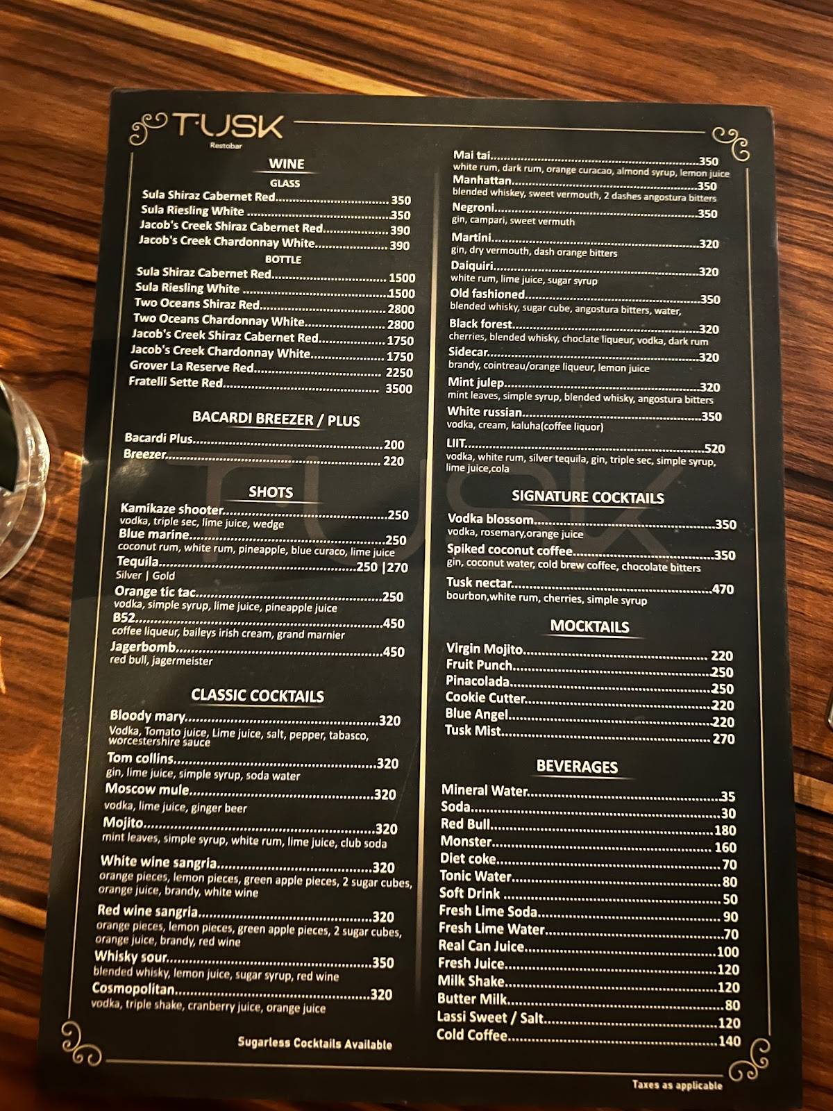 Menu at Tusk Restobar, Mysuru
