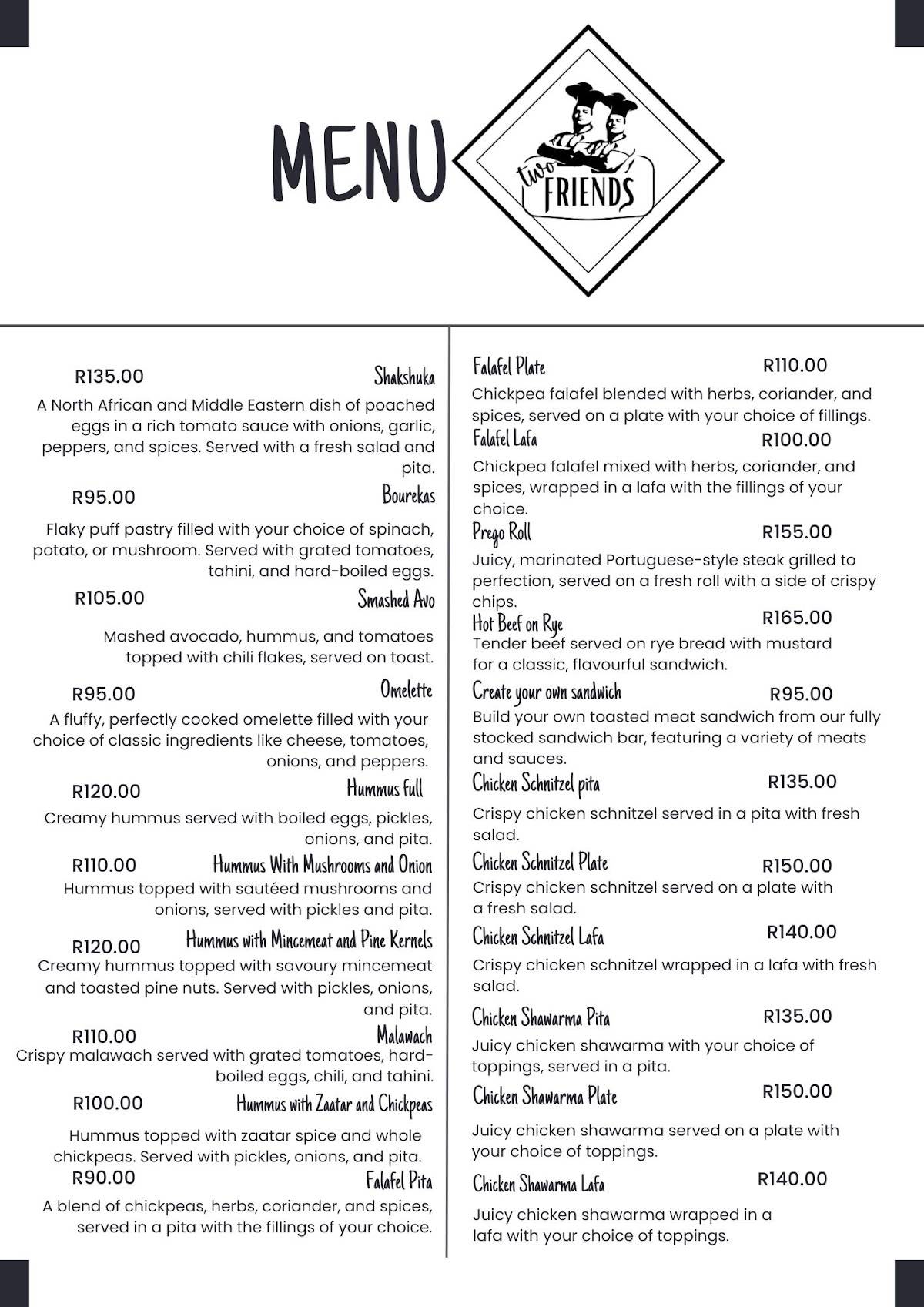 Menu at Two Friends restaurant, Johannesburg