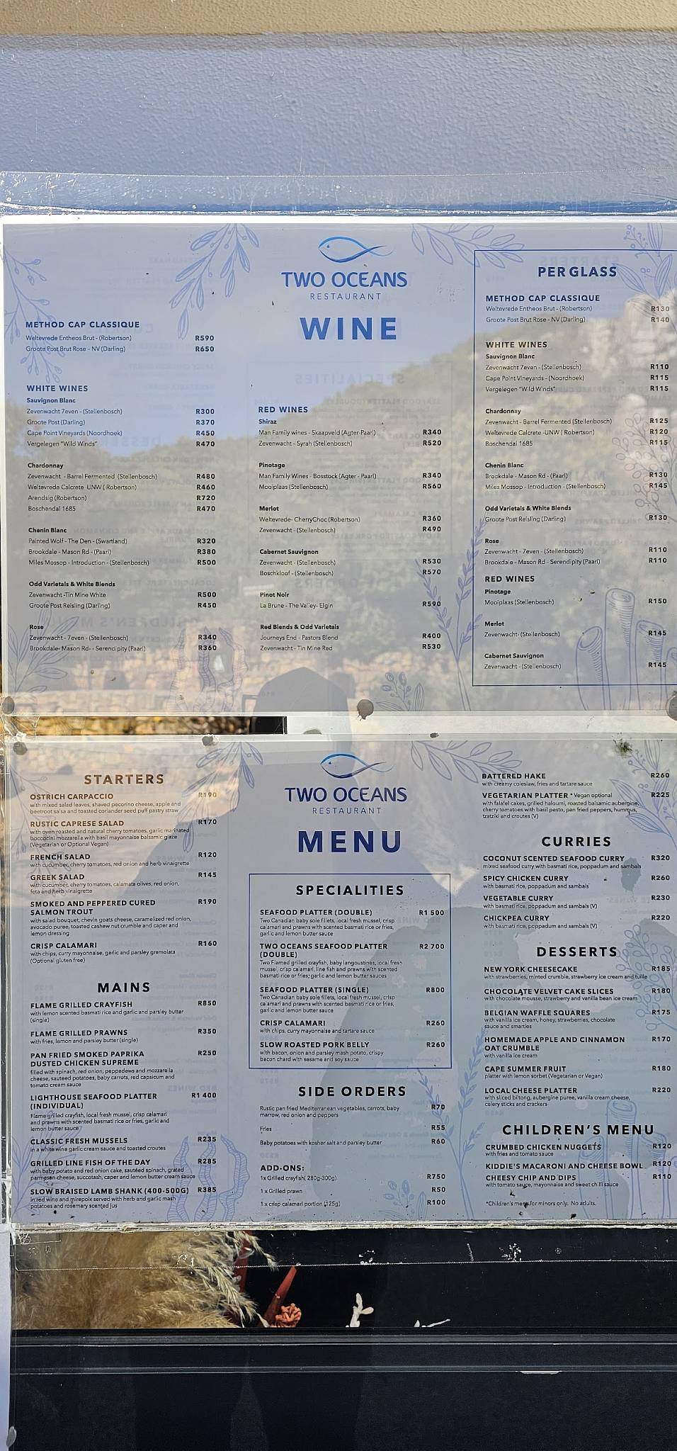 Menu at Two Oceans Restaurant, Cape Town, Cape of Good Hope Nature Reserve