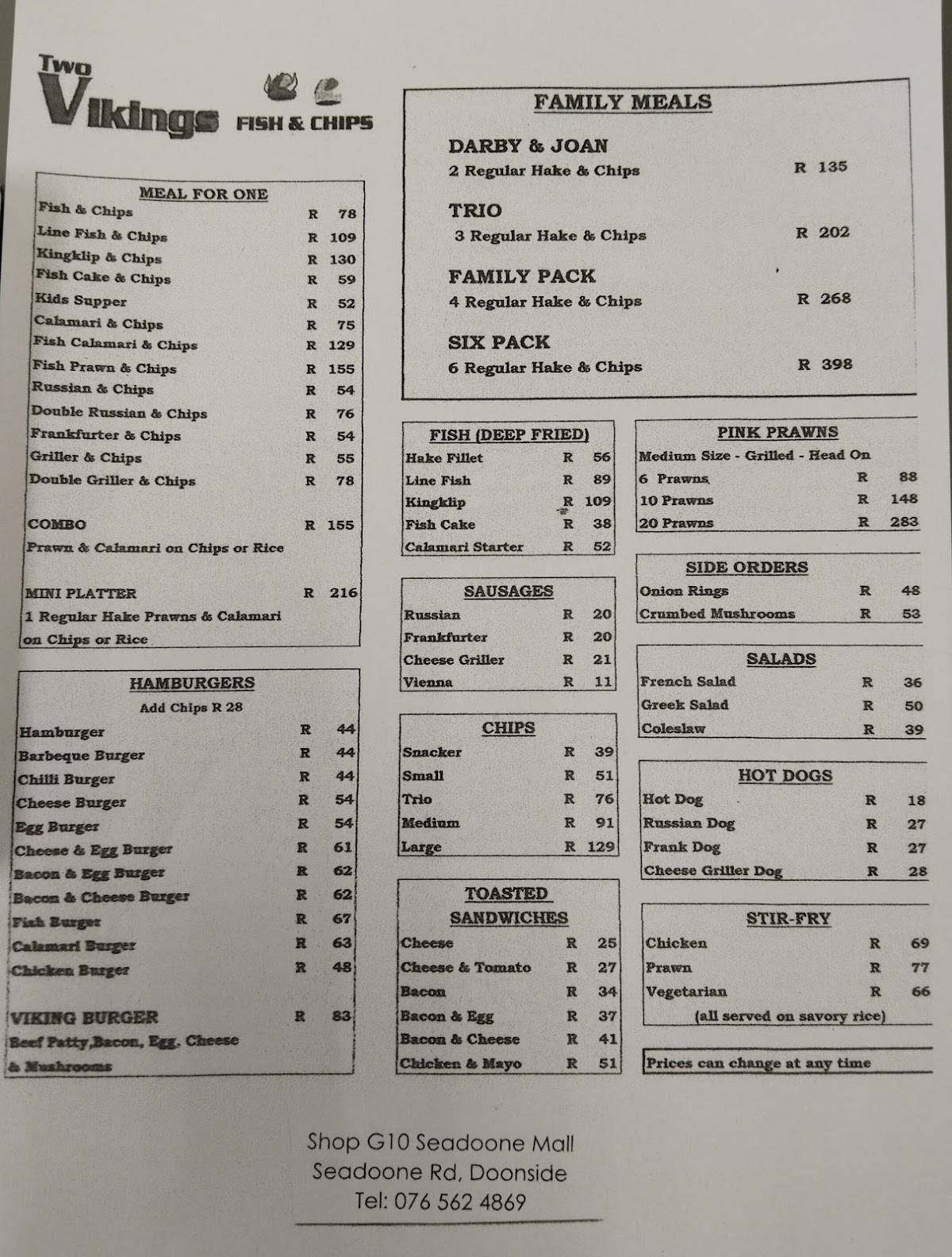 Menu at Two Vikings Doonside restaurant, Amanzimtoti