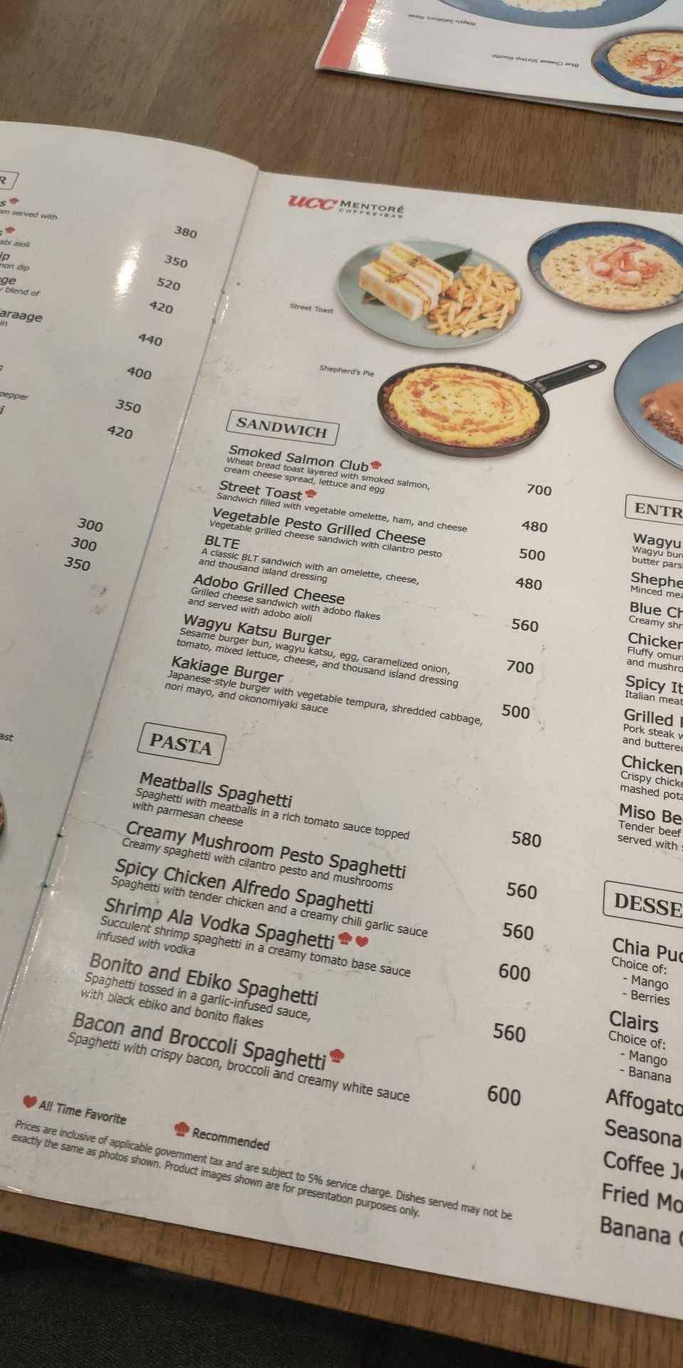 Menu at UCC Mentore Ayala cafe, Makati, Ayala Center
