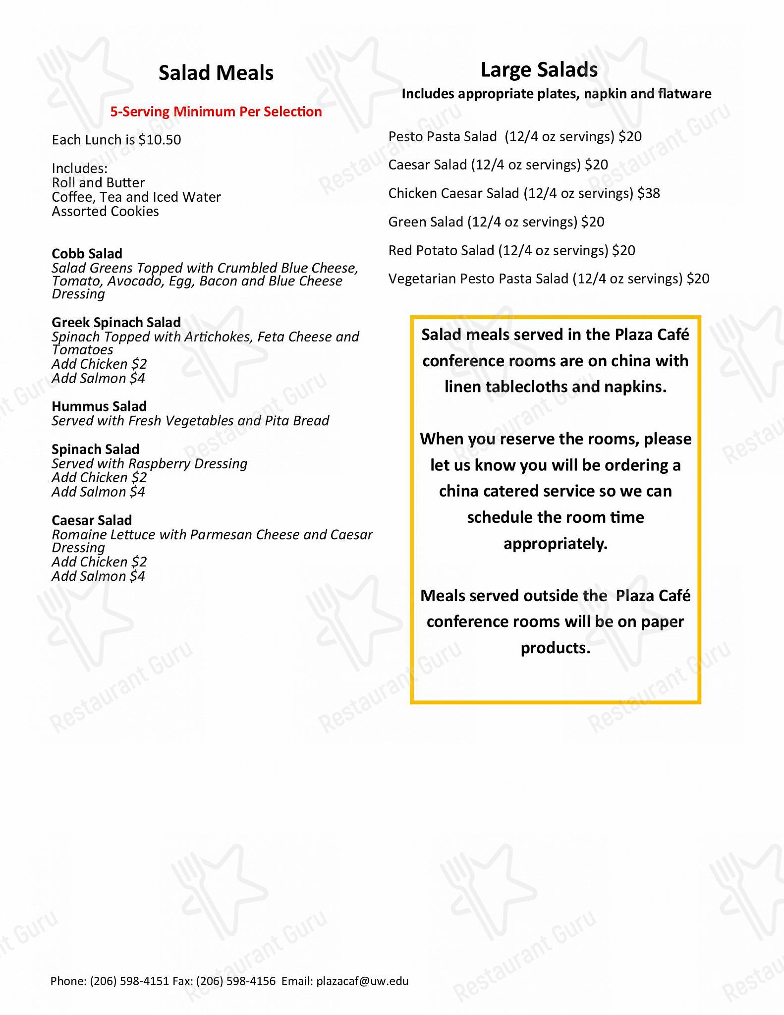 Menu at UWMC Plaza Cafe, Seattle