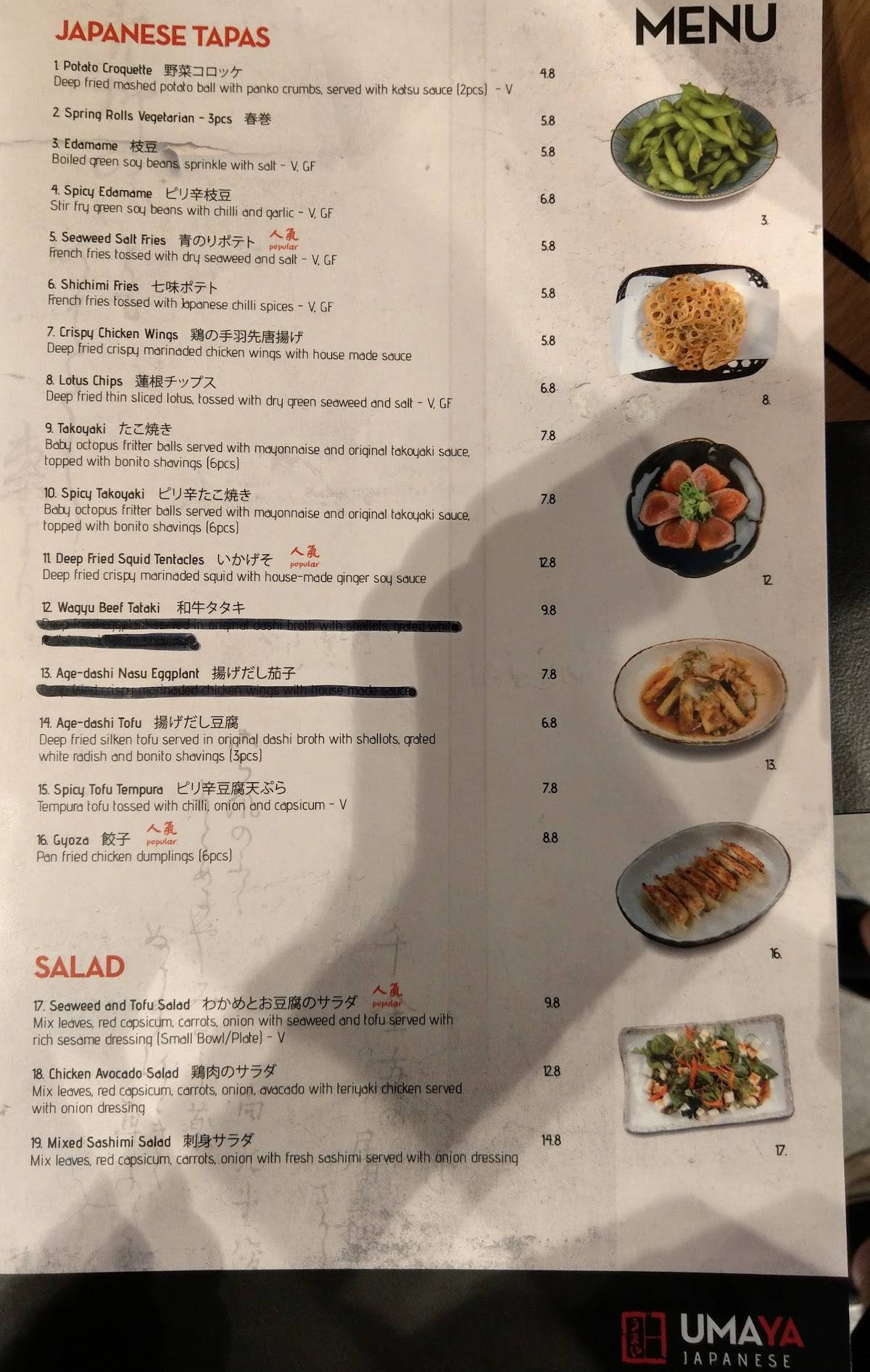 Menu at Umaya Japanese Restaurant, Kirrawee
