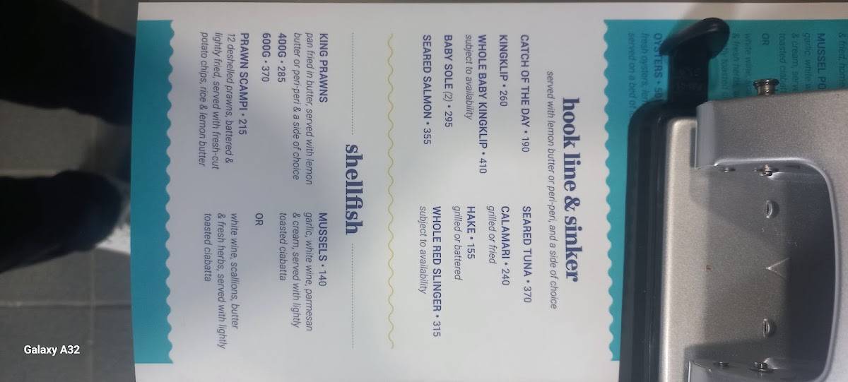 Menu at Big Fish restaurant, Umhlanga