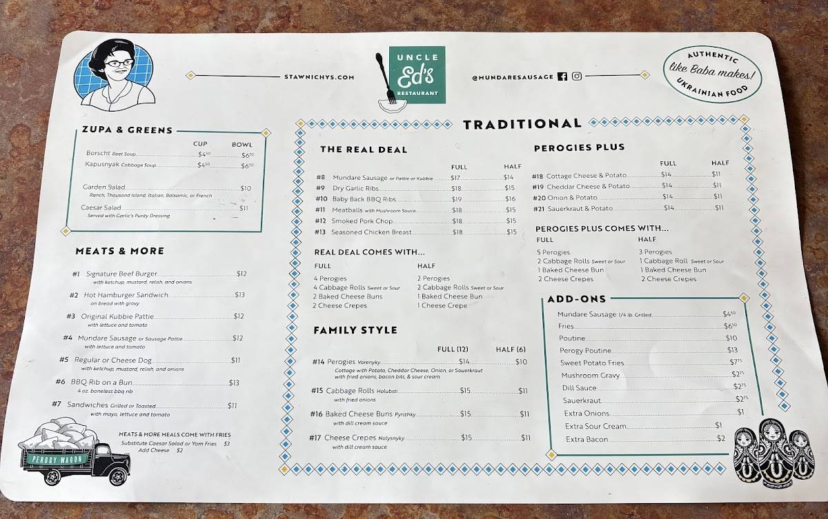 Menu at Uncle Ed's Restaurant, Edmonton