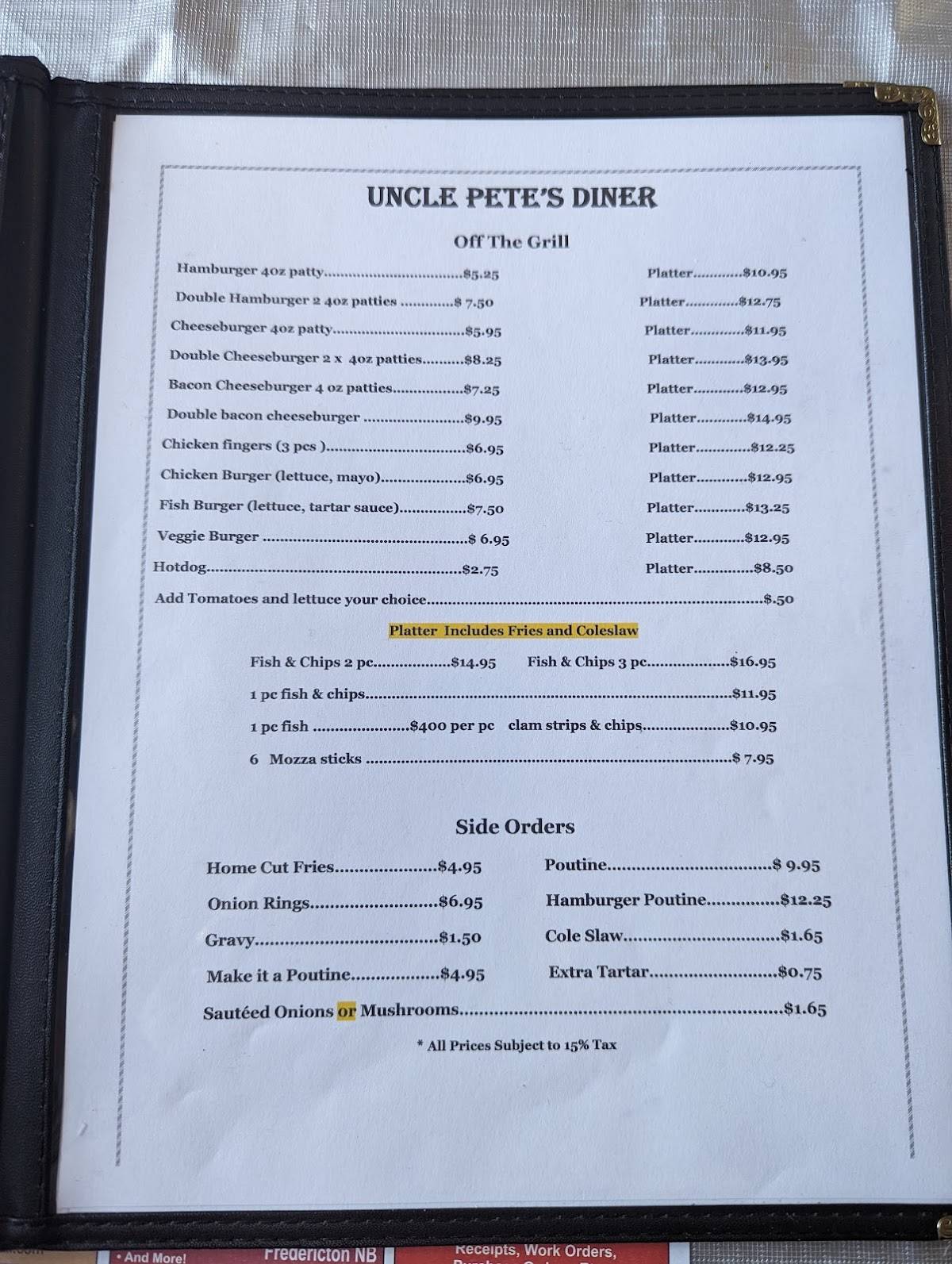 Menu at Uncle Petes Diner restaurant, Canada